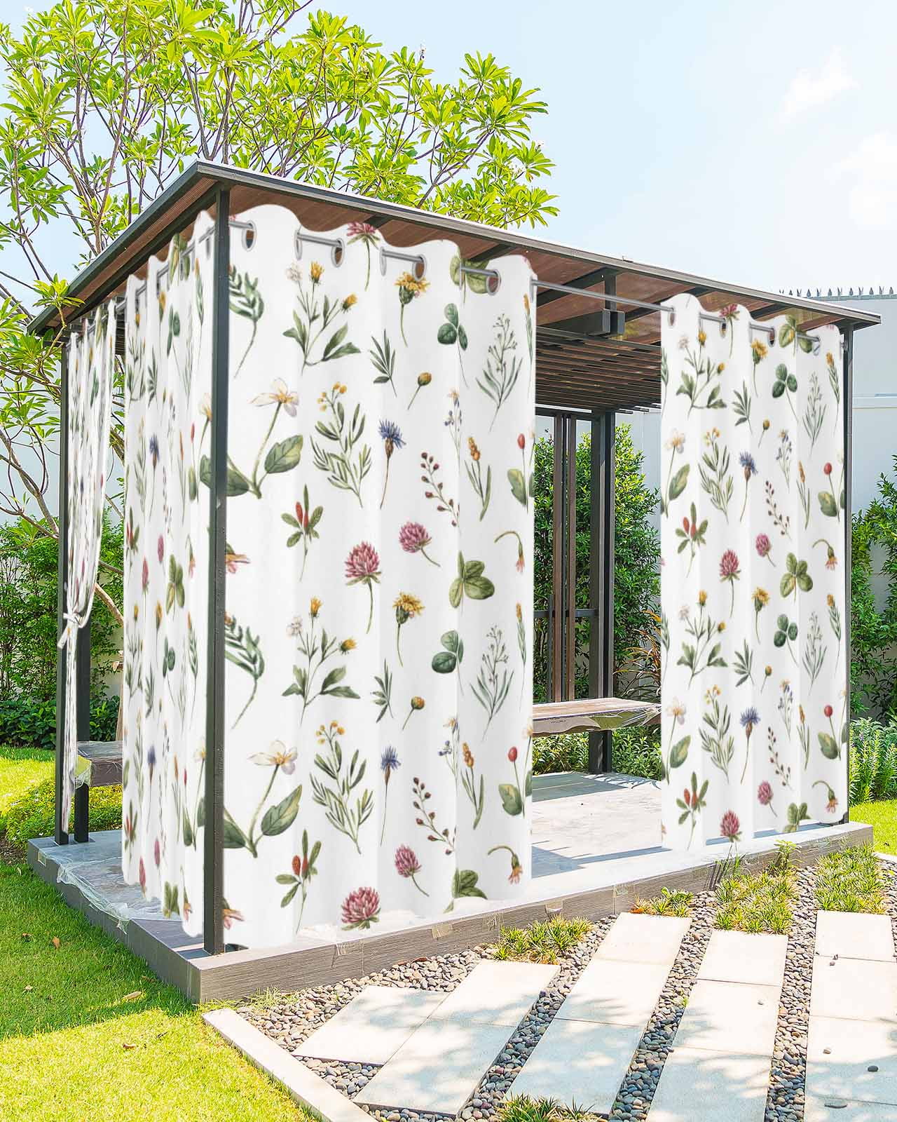Spring Plants Outdoor Curtains for Patio, Flowers Leaves Watercolor ...