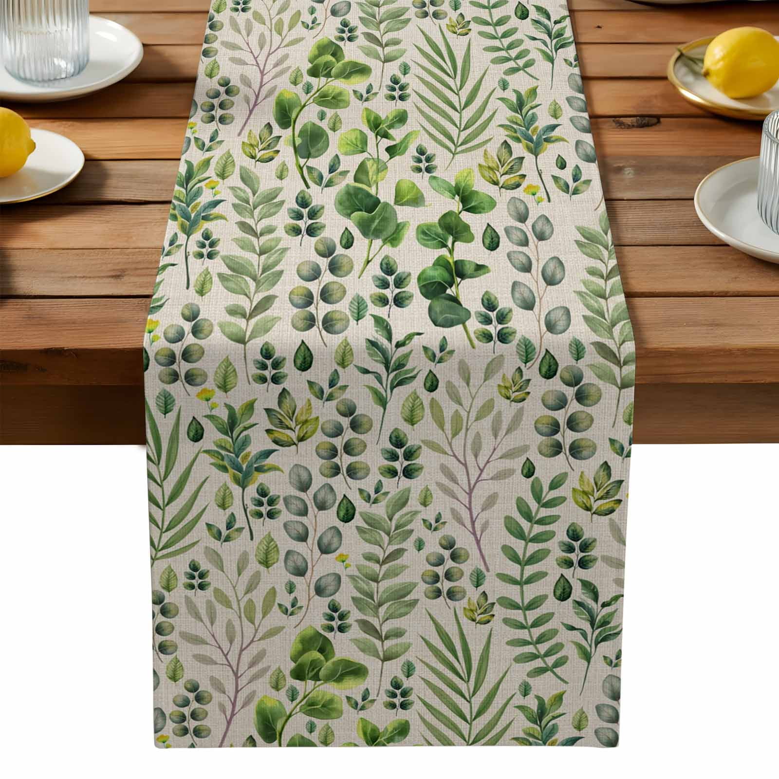 Spring Plants Table Runner, Watercolor Gradient Green Eucalyptus Leaf ...