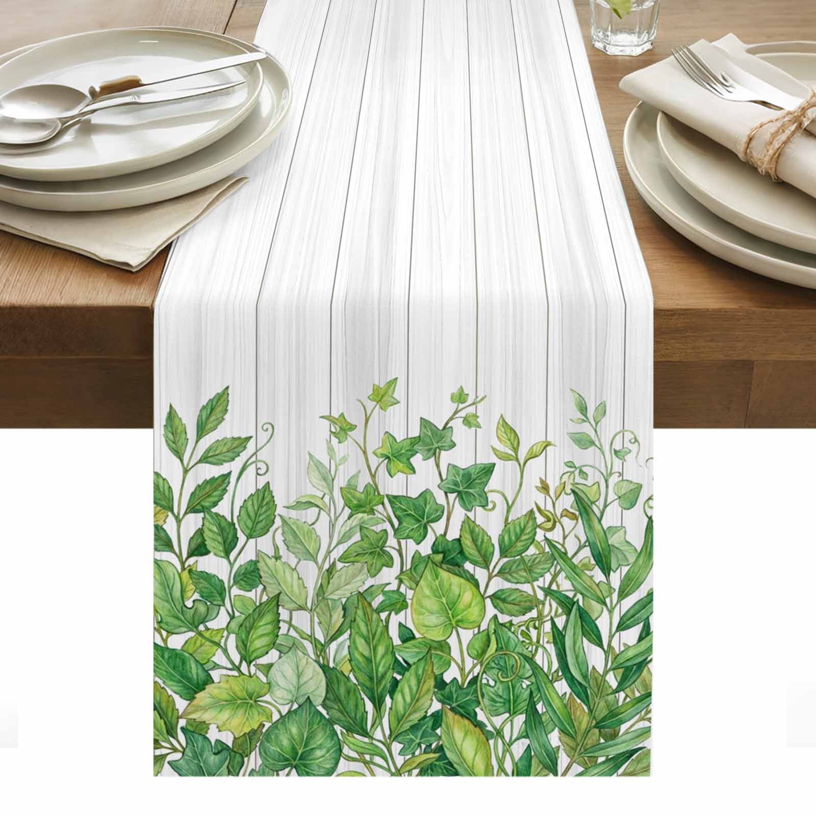 Spring Plants Table Runner Watercolor Leaves Green Abstract Heart White ...