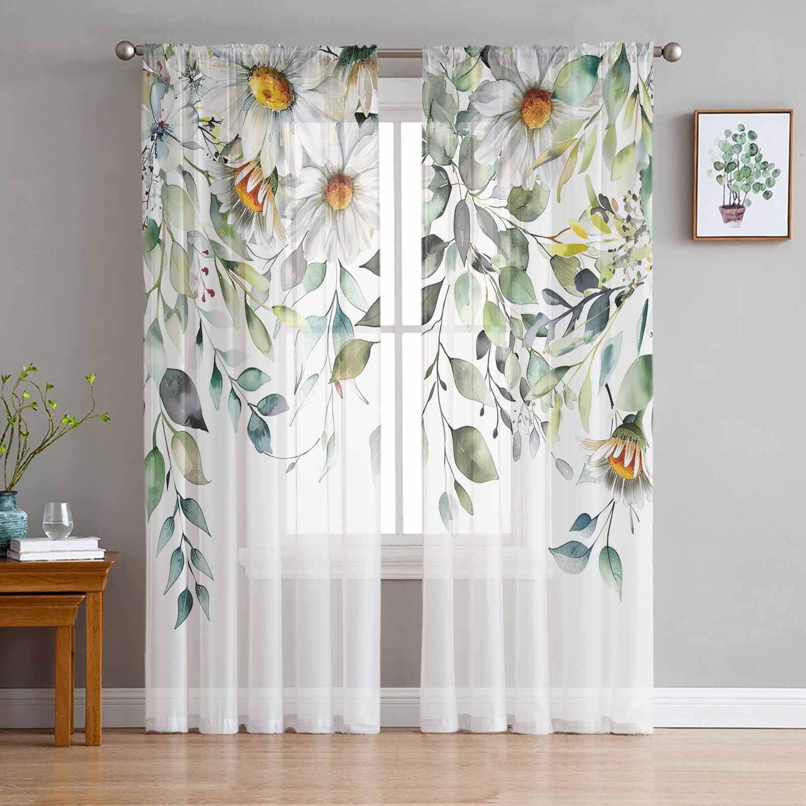 Spring Plants Wildflowers Leaves Tulle Curtains for Living Room Bedroom ...