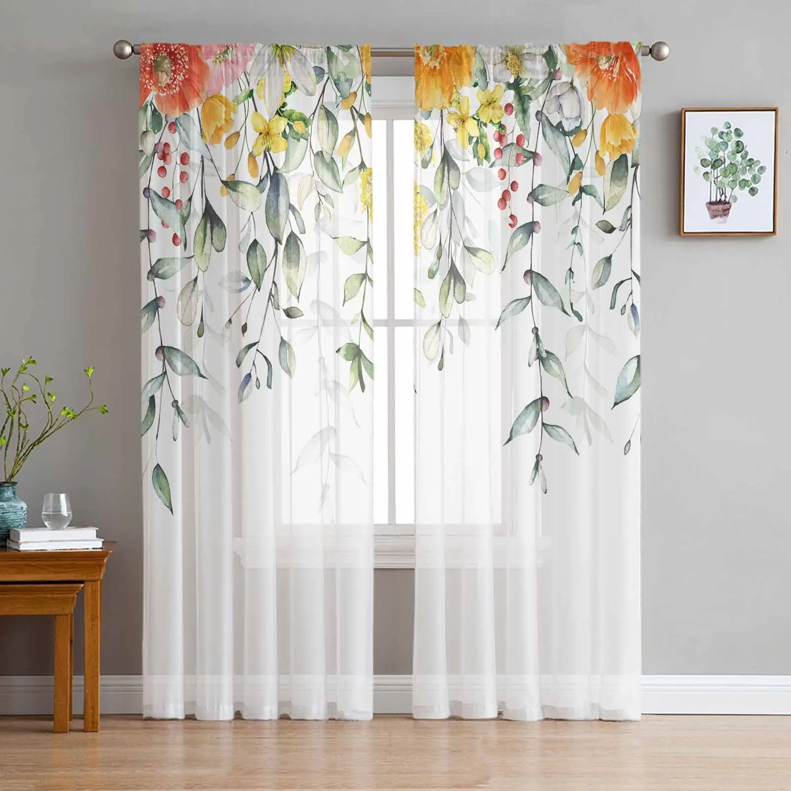 Spring Plants Wildflowers Leaves Tulle Curtains for Living Room Bedroom ...
