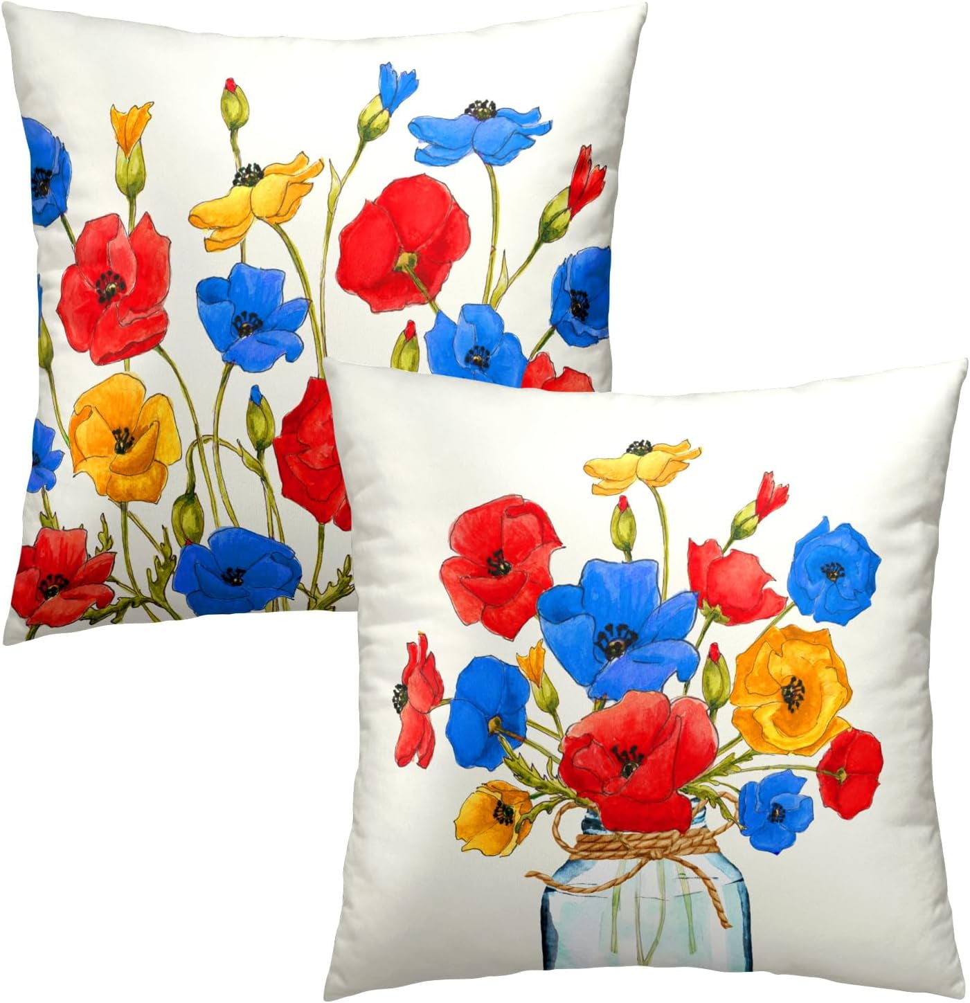 Spring Poppy Floral Throw Pillow Covers 20x20 Inch Set of 2 Watercolor ...