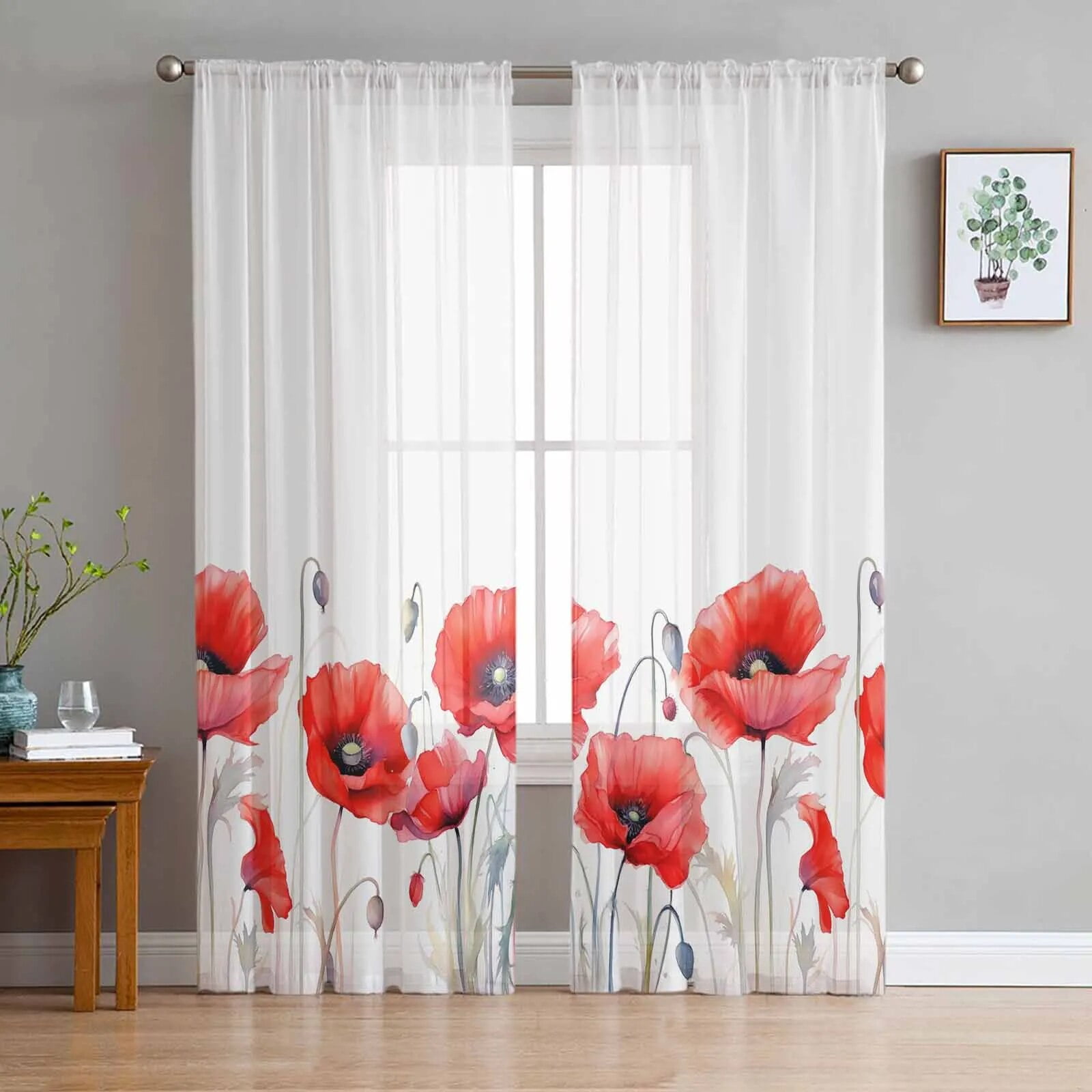 Spring Poppy Flower Plant Tulle Curtain for Living Room Bedroom Window ...