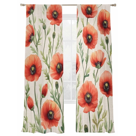 Spring Poppy Sheer Curtains 2 Panels Set Red Flowers Bud Sheer Window ...