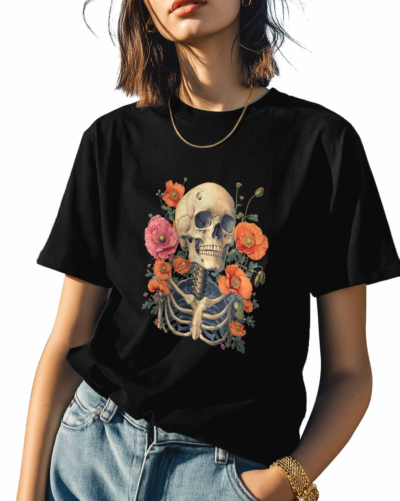 Spring Poppy Skull Floral T Shirts for Women, Short Sleeve Casual ...