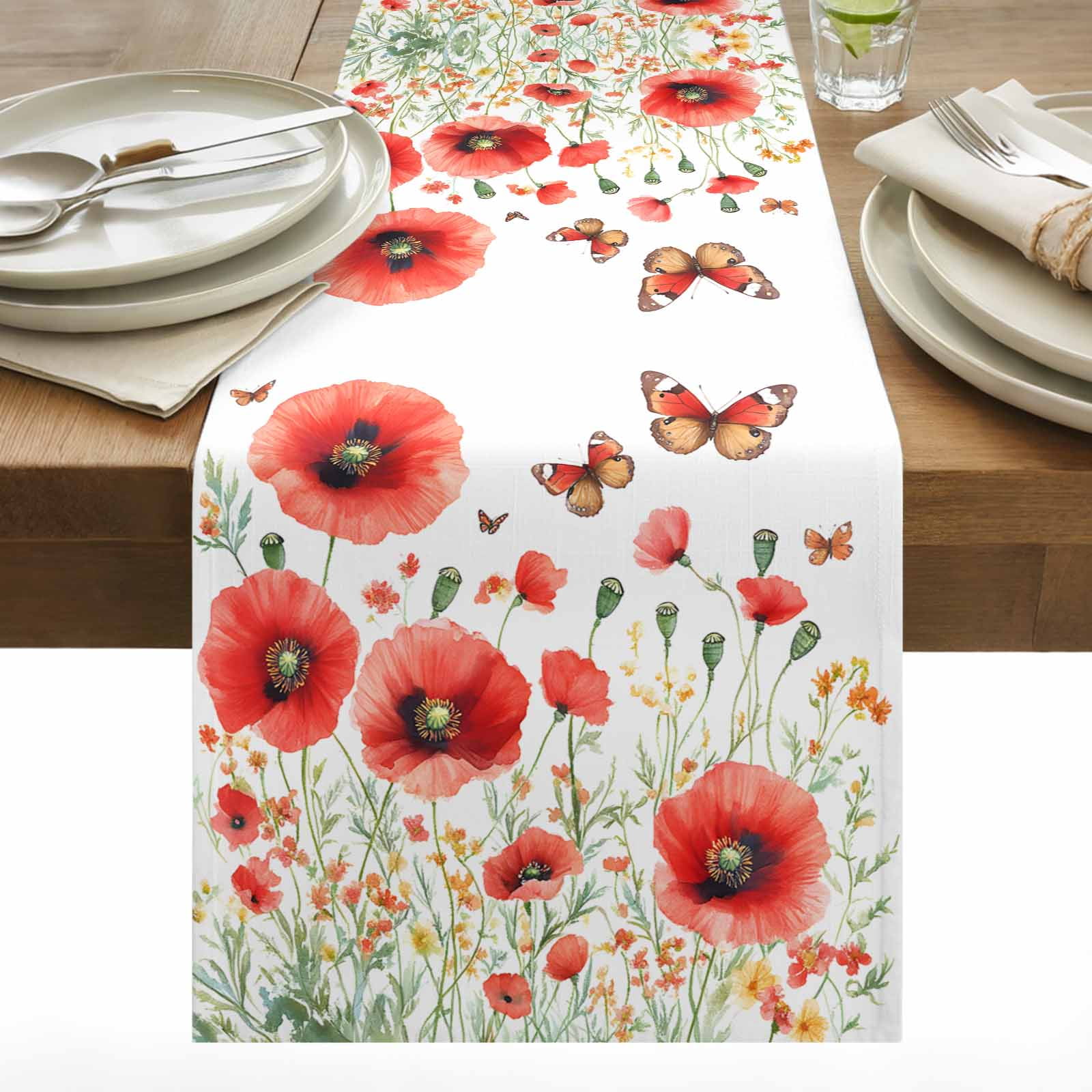 Spring Poppy Table Runner 13x48 inch Butterfly Cotton Linen Dining ...