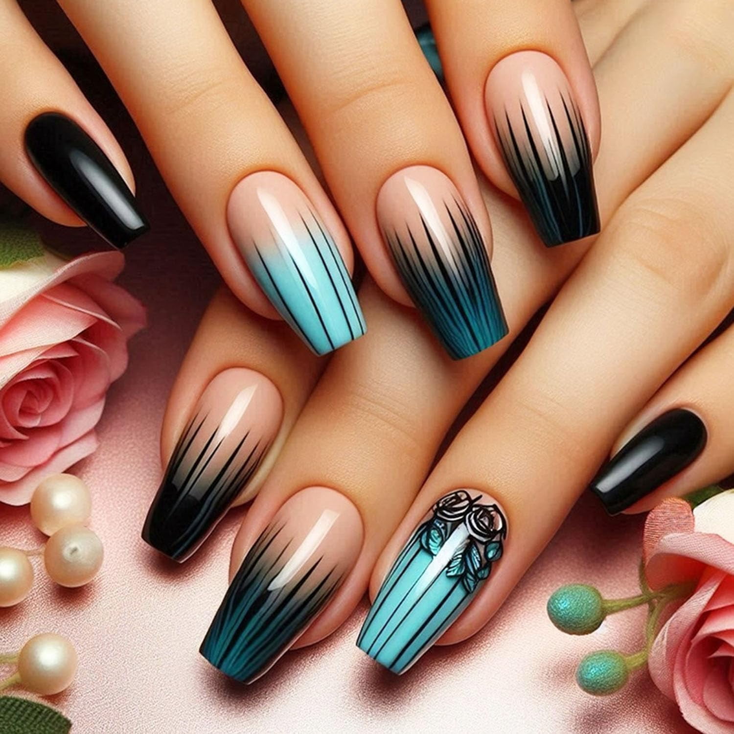 Spring Press on Nails Short Coffin Square Fake Nails Green&Black Ombre ...