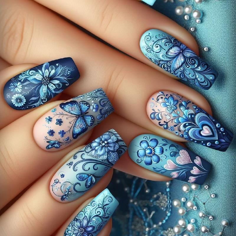 Spring Press on Nails Coffin False Nails with Butterfly Designs Blue ...