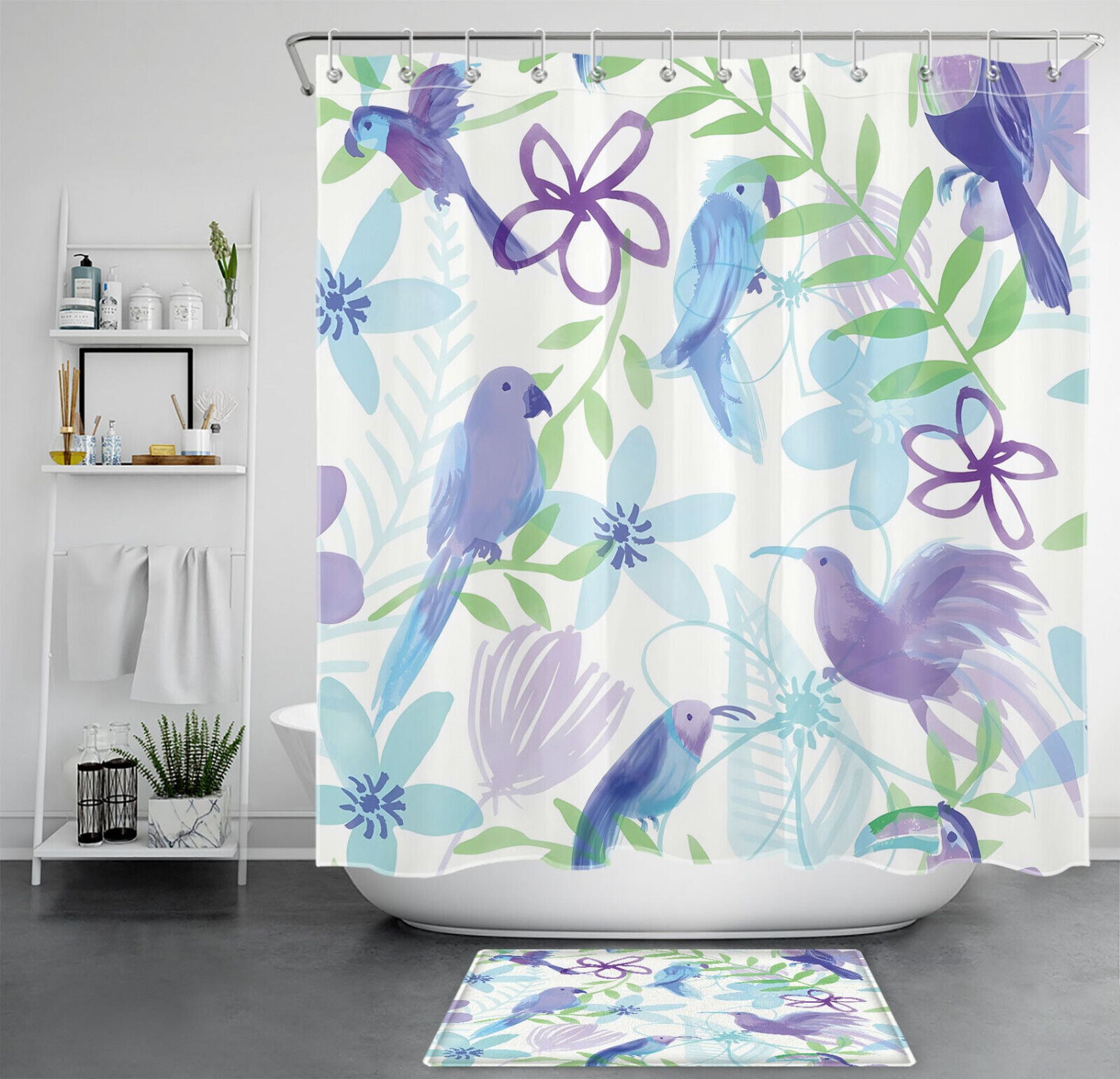 Spring Purple Cute Birds Blue Wildflower Shower Curtain for Bathroom ...