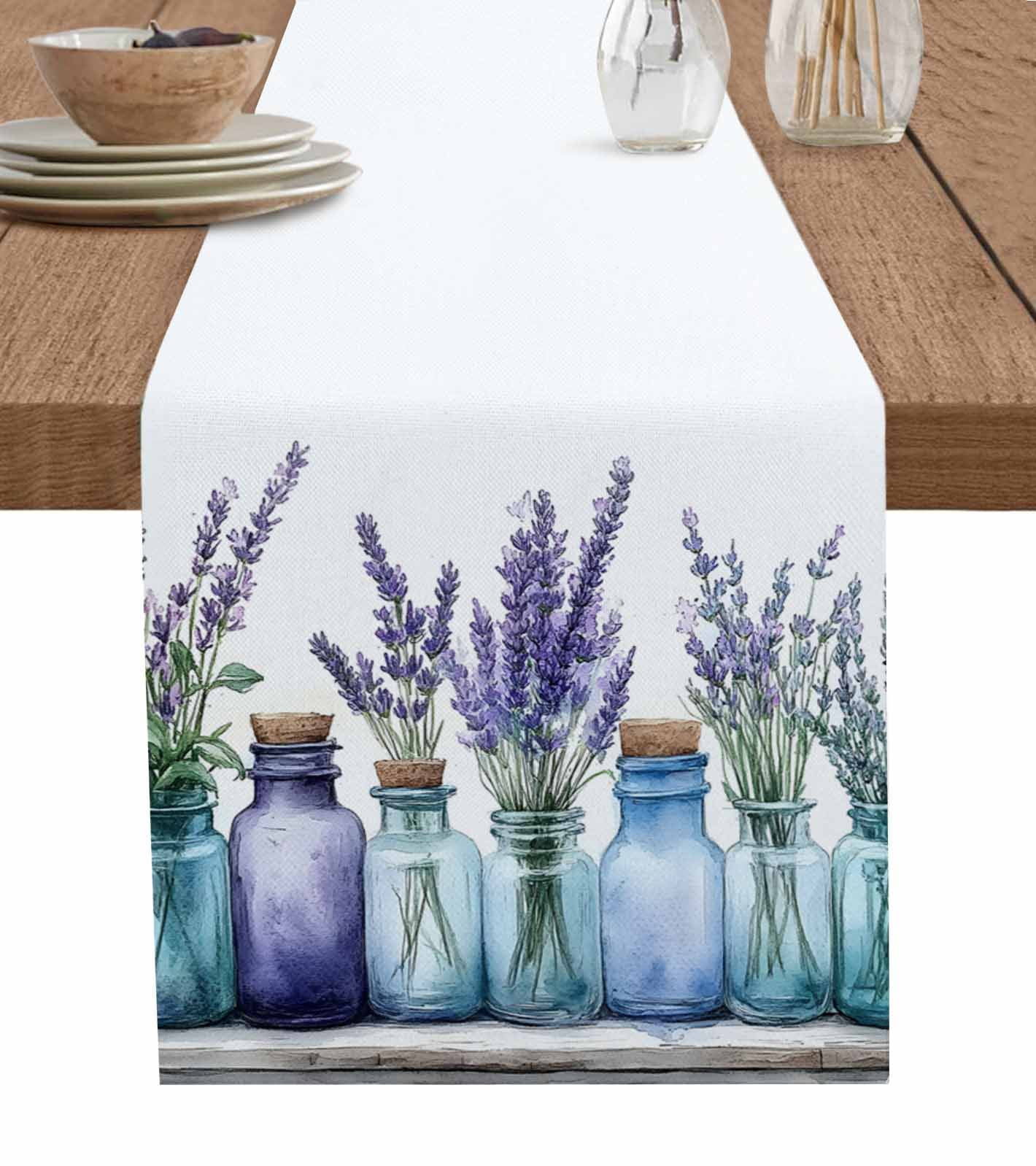 Spring Purple Floral Burlap Cotton Table Runner 16x72 Inches Long ...