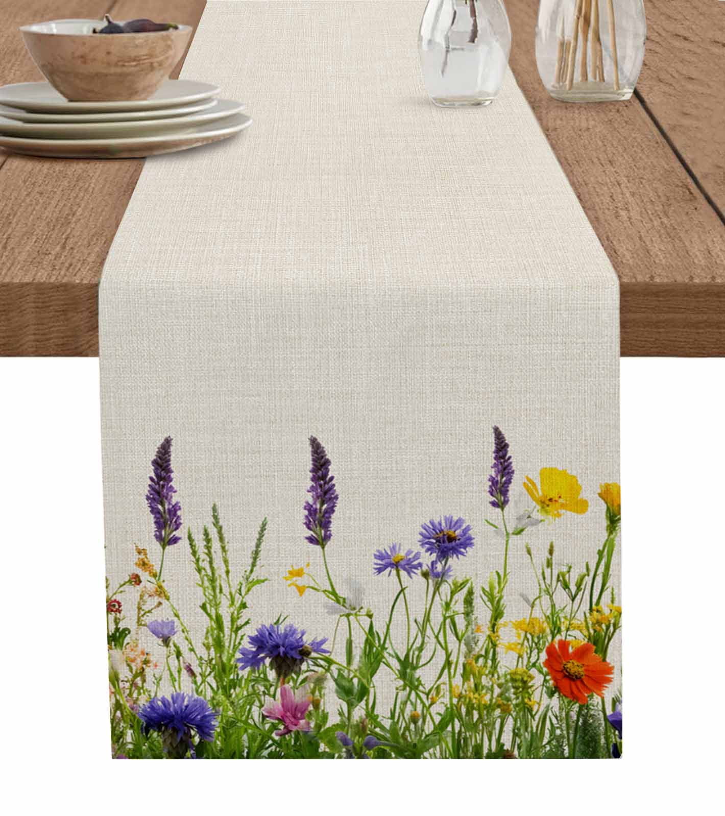 Spring Purple Floral Table Runner 90 Inches, Farmhouse Green Botanical ...