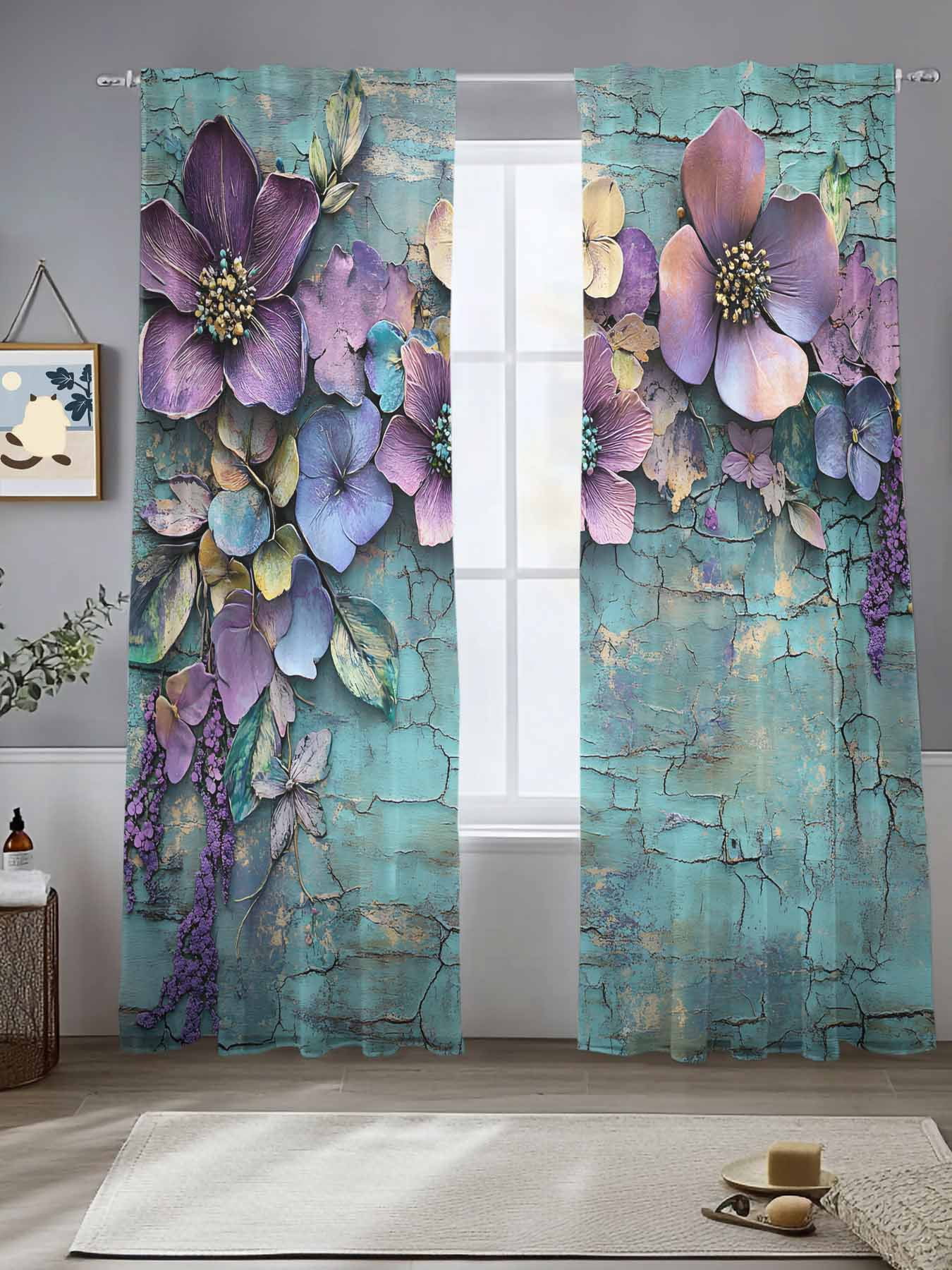 Spring Purple Flower Sheer Curtains for Living Room Bedroom Retro Wall ...