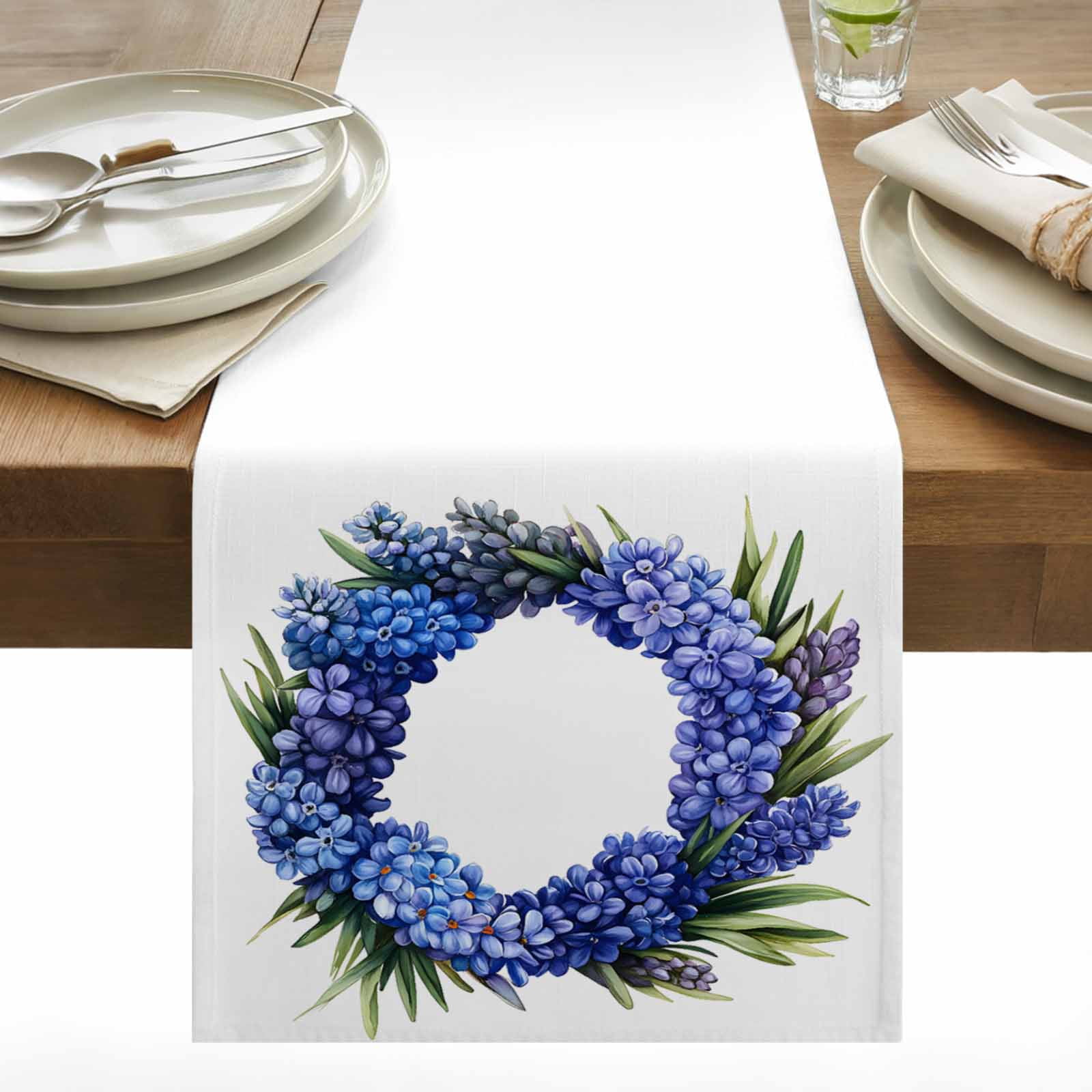 Spring Purple Flower Wreath Cotton Linen Table Runner Country ...