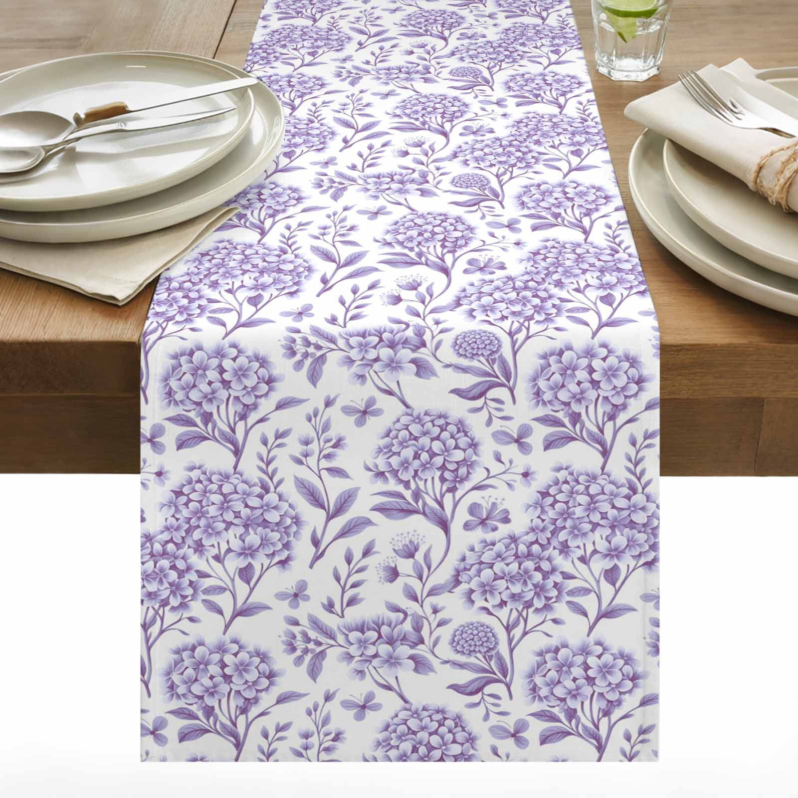 Spring Purple Flowers Cotton Linen Table Runner Hydrangeas Floral Leaf ...