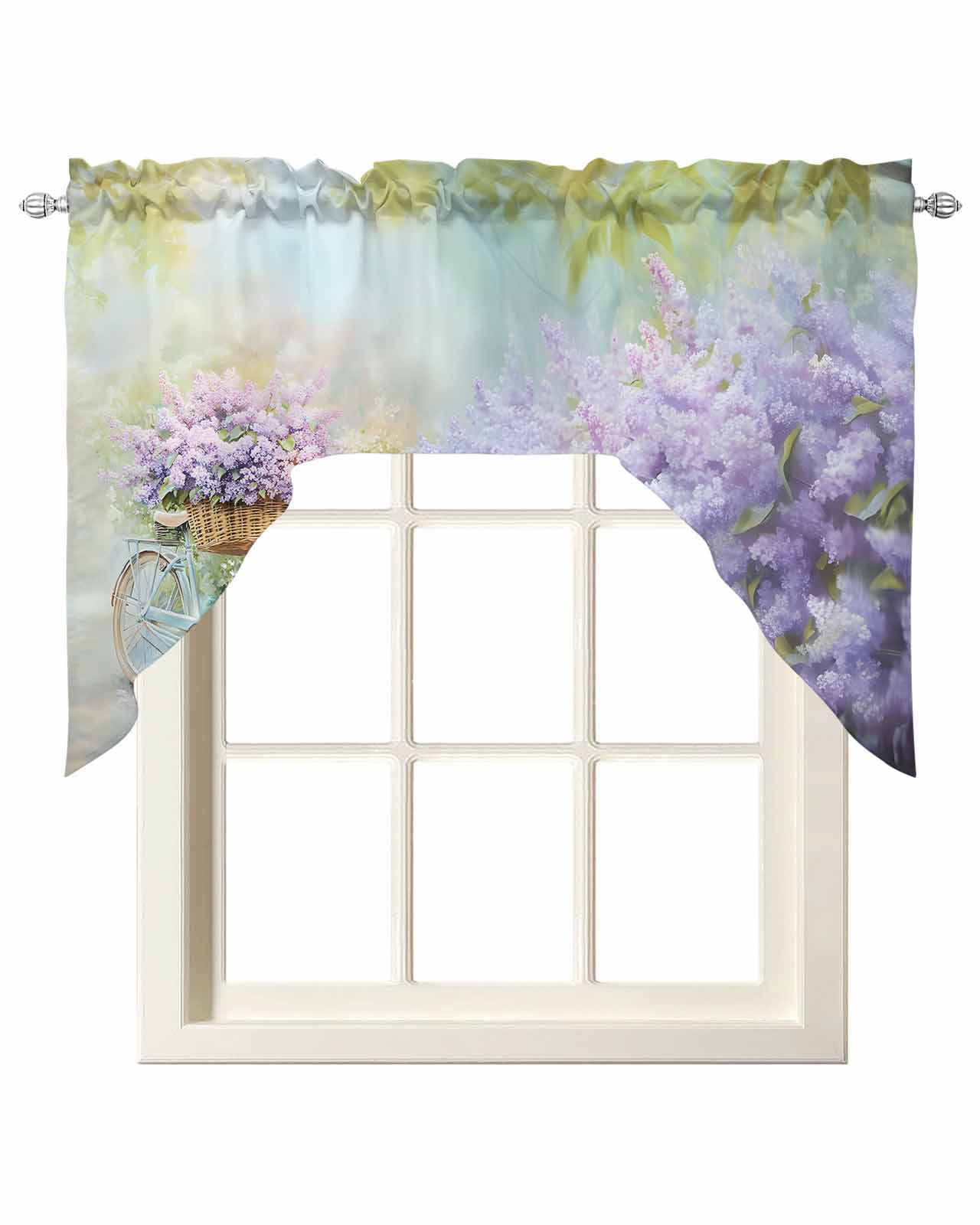 Spring Purple Lavender Kitchen Curtains Swag Valance for Windows/Bathroom/Cafe, Flowers Bike ...
