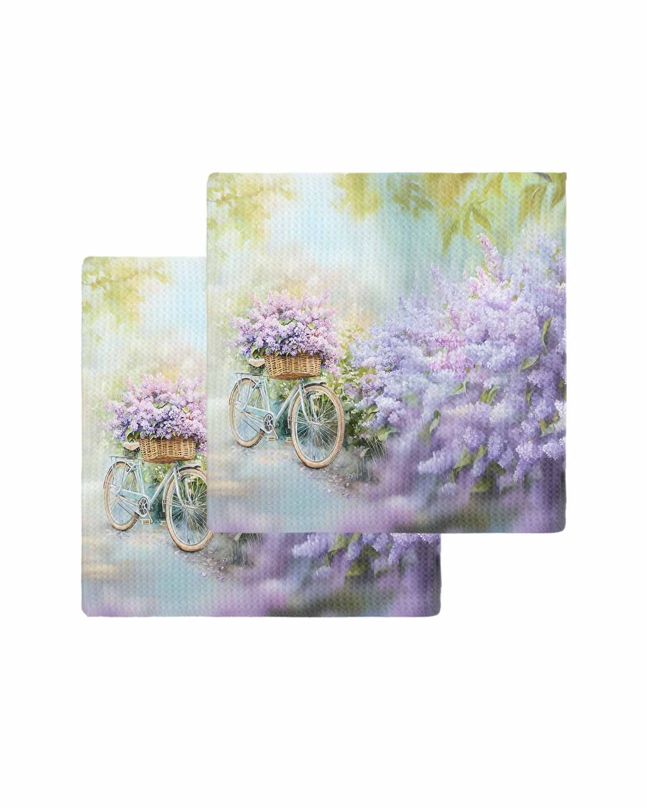 Spring Purple Lavender Kitchen Dish Towels for Drying Dishes Set of 2, Flowers Bike Pastoral ...