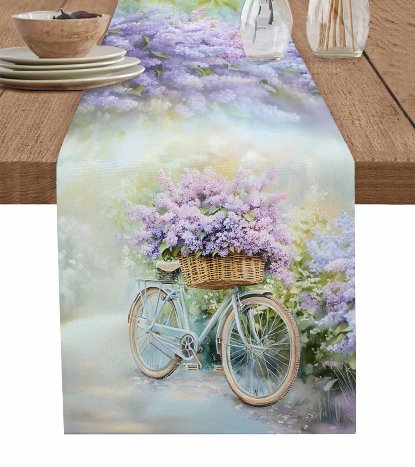 Spring Purple Lavender Table Runner 90 Inches, Flowers Bike Pastoral ...