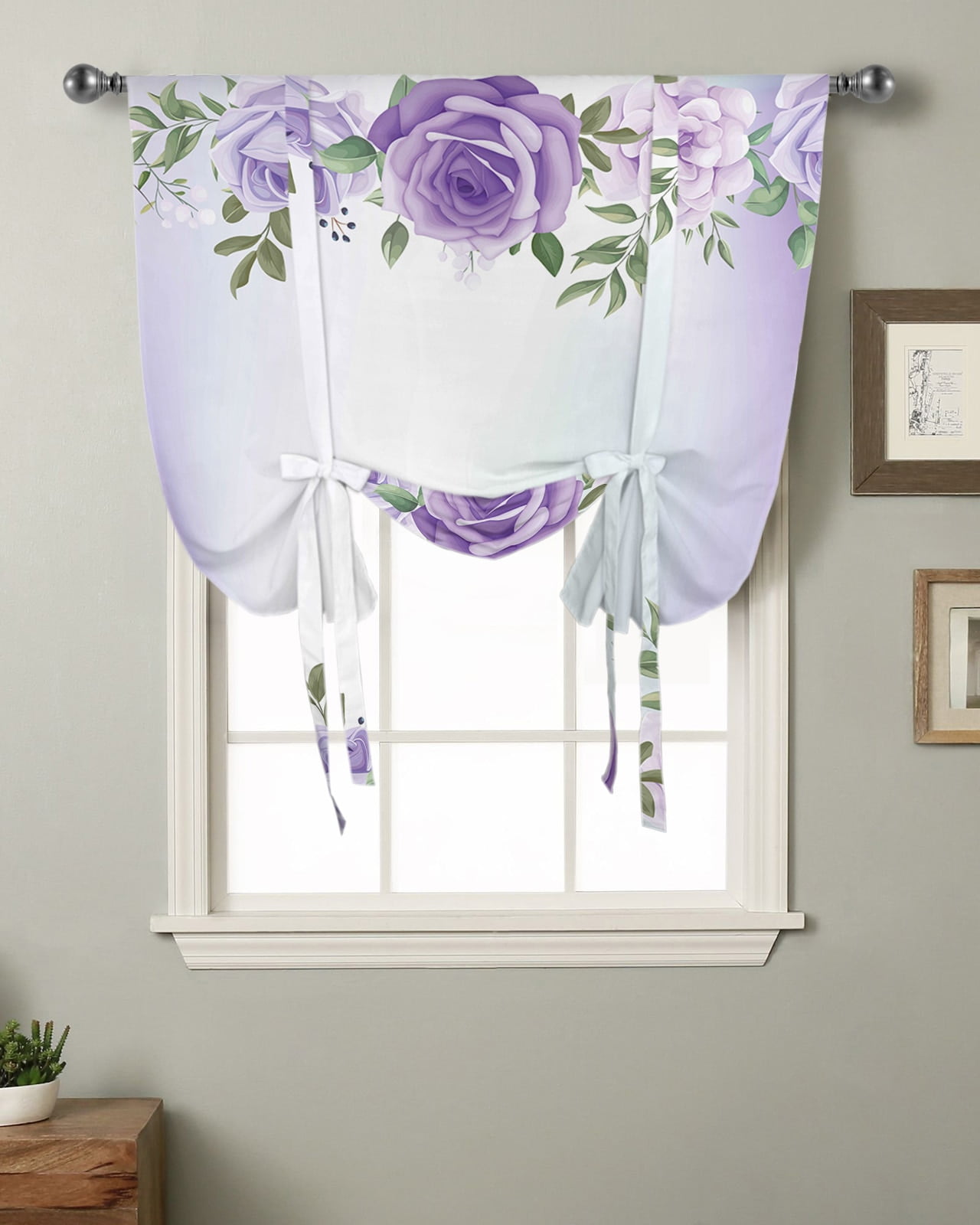Spring Purple Watercolor Flowers Kitchen Short Window Curtain Rod ...