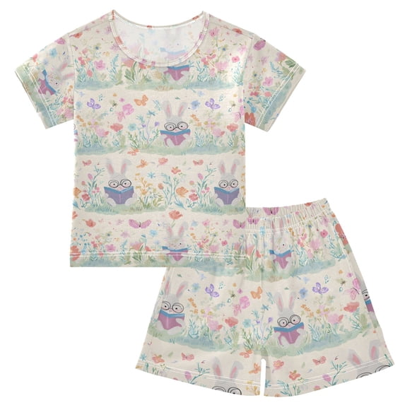 Spring Reading Bunnies Summer Pajama Set Soft Cotton Short Sleeve ...