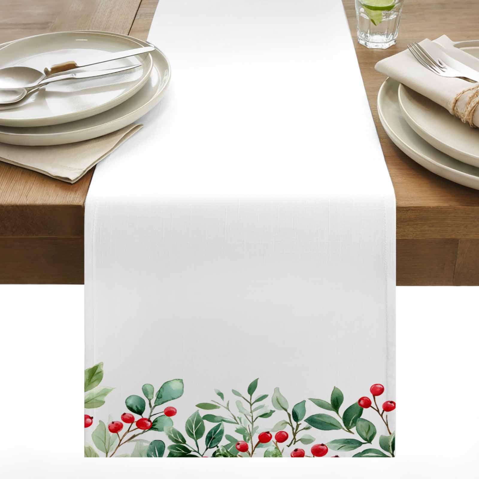 Spring Red Berries Cotton Linen Table Runner Country Watercolor Berry ...