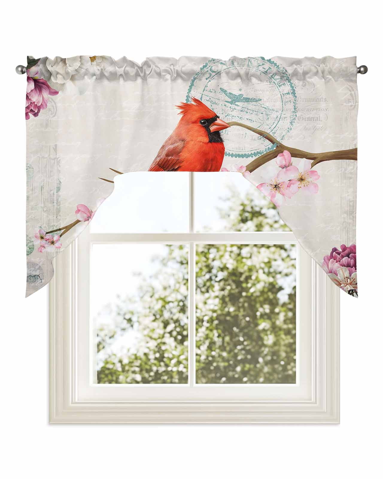 Spring Red Bird Kitchen Curtains Swag Valance for Windows/Bathroom/Cafe ...