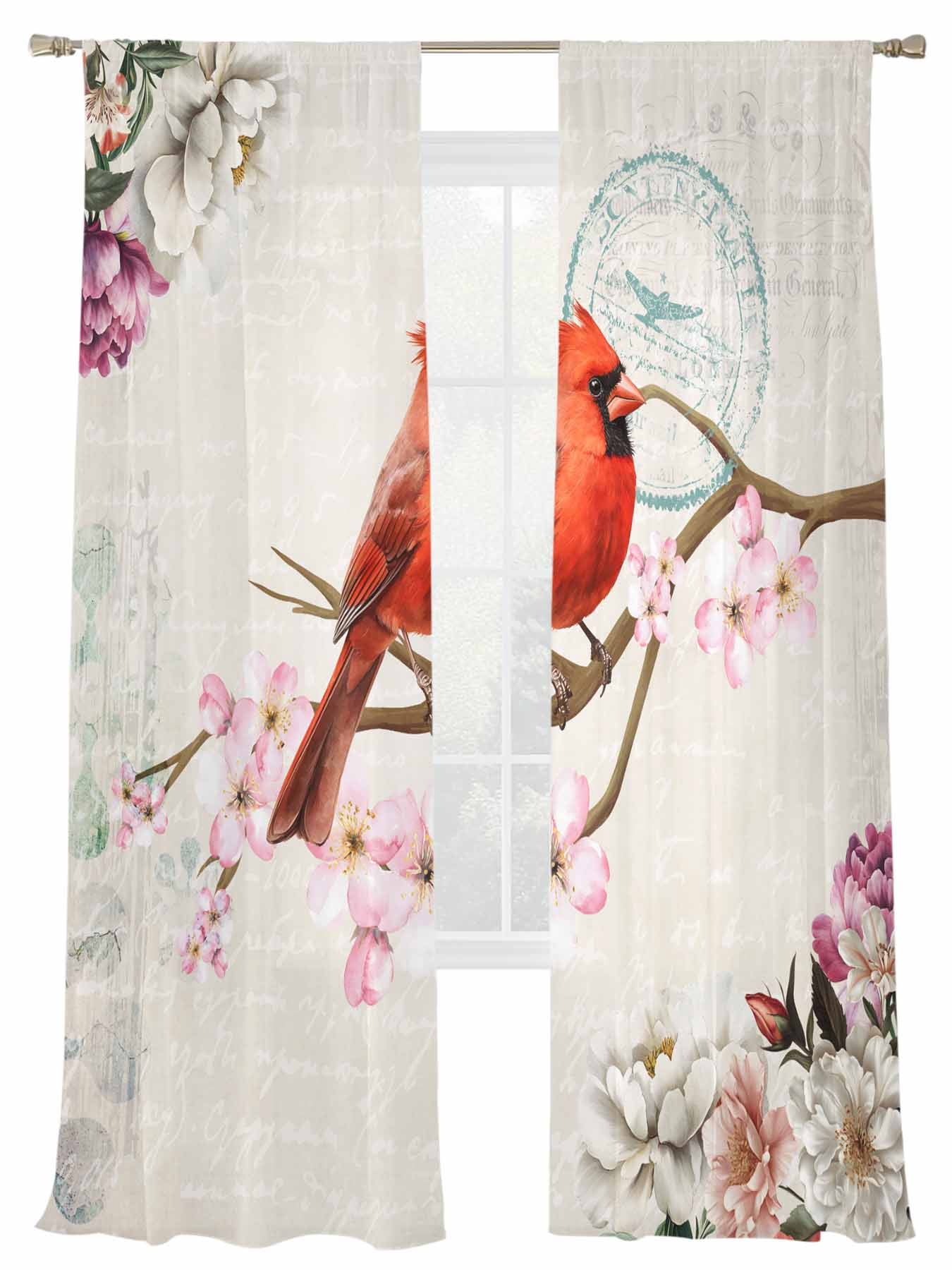 Spring Red Bird Sheer Curtains 108 Inch Length 2 Panels Set, Semi ...