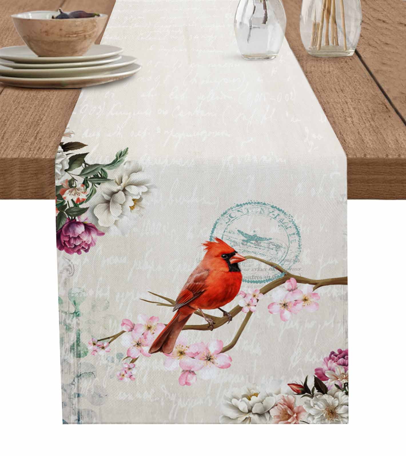 Spring Red Bird Table Runner Summer Vintage Branch Floral Beige ...