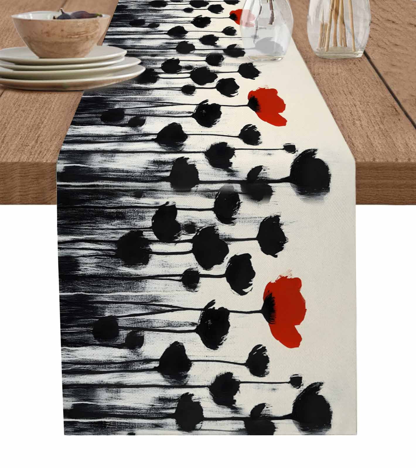 Spring Red Black Floral Table Runner 72 Inches, Modern Oil Painting ...