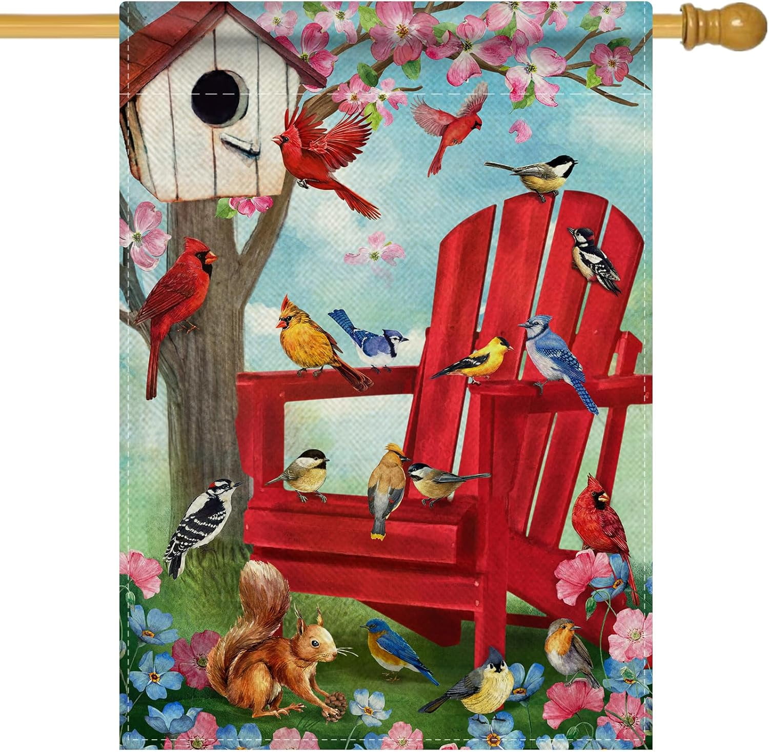 Spring Red Chair Birds Decorative Garden Flag, Cardinal Blue Jay ...