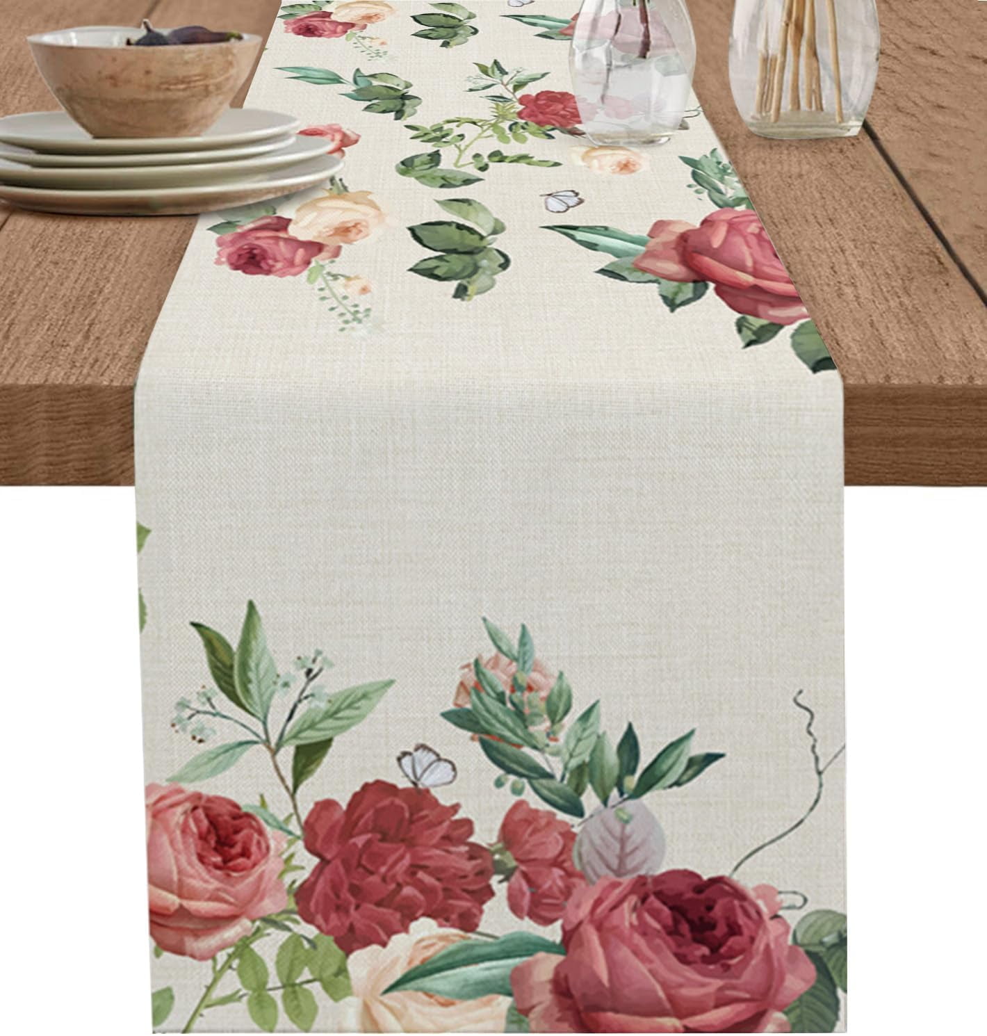 Spring Red Floral Plant Linen Table Runners Linen Table Runners Coffee ...