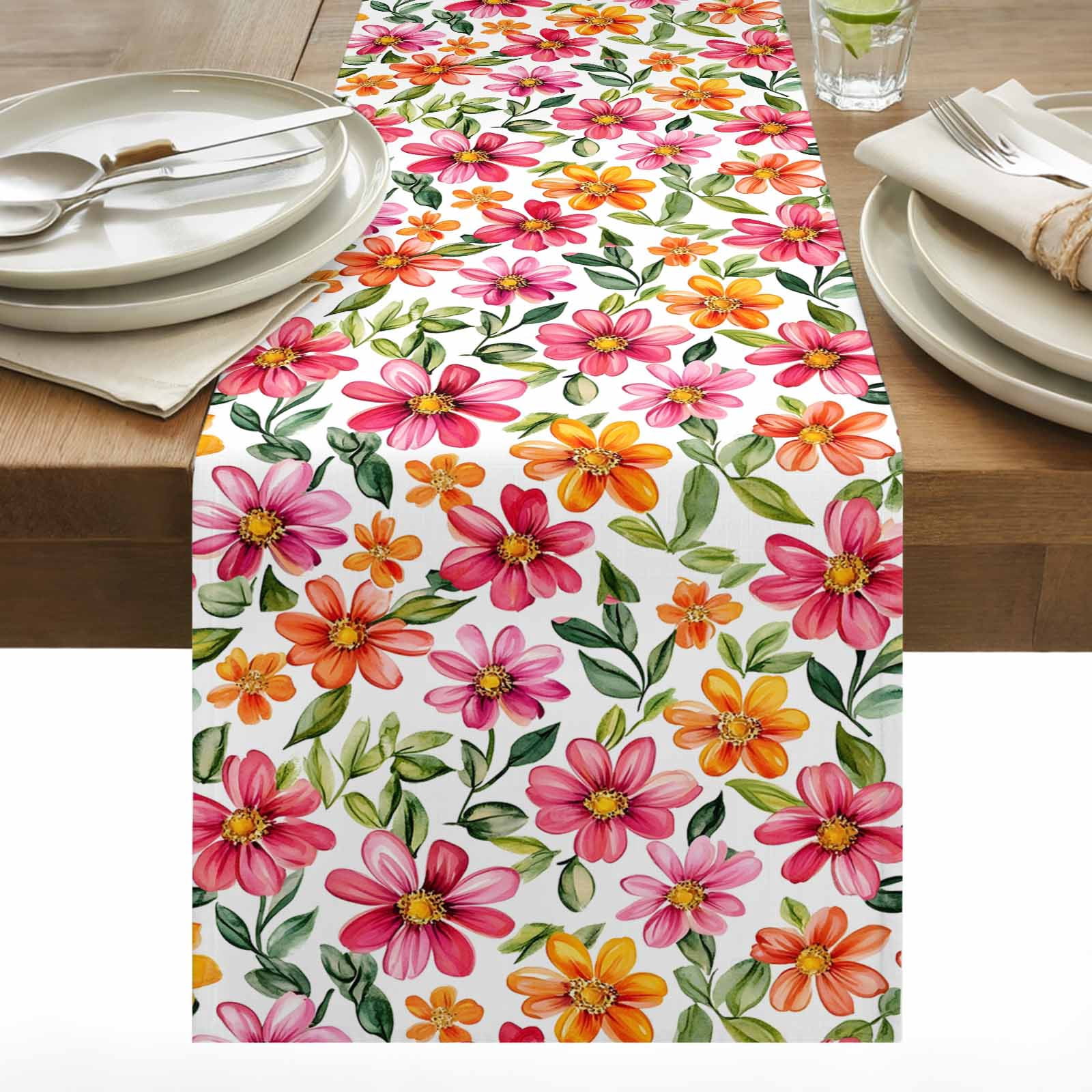 Spring Red Flowers Cotton Linen Table Runner Watercolor Floral Leaf ...