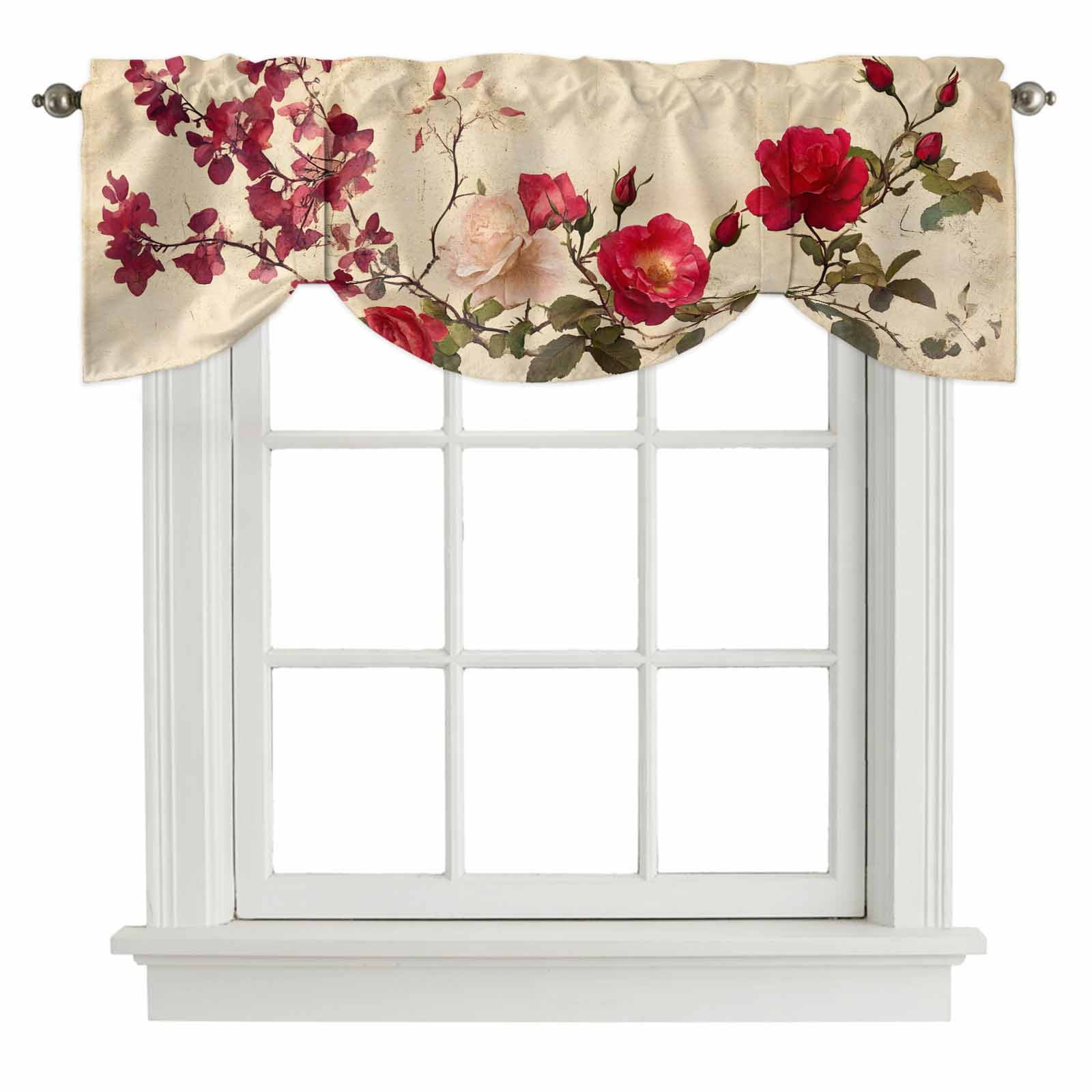 Spring Red Rose Tie Up Valance for Windows, Country Watercolor Red ...
