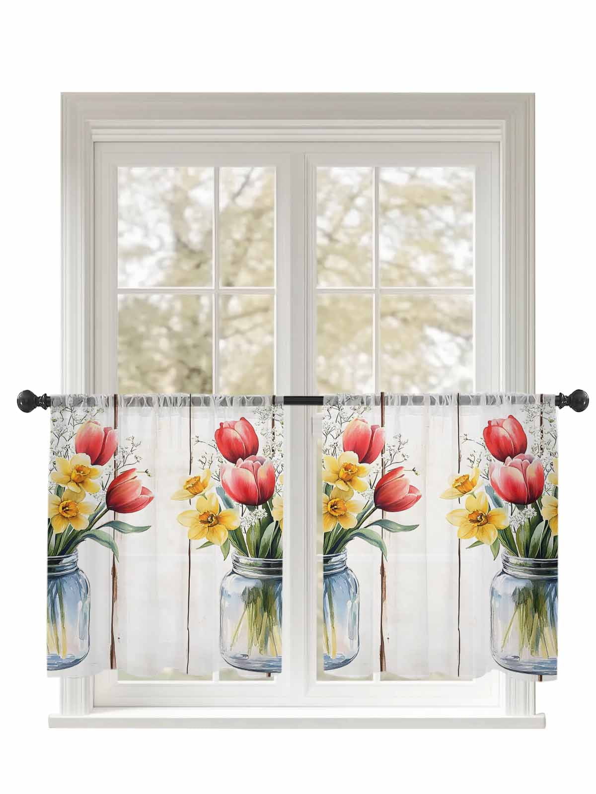 Spring Red Tulip Sheer Curtains 2 Panels Set Watercolor Flowers Wood ...