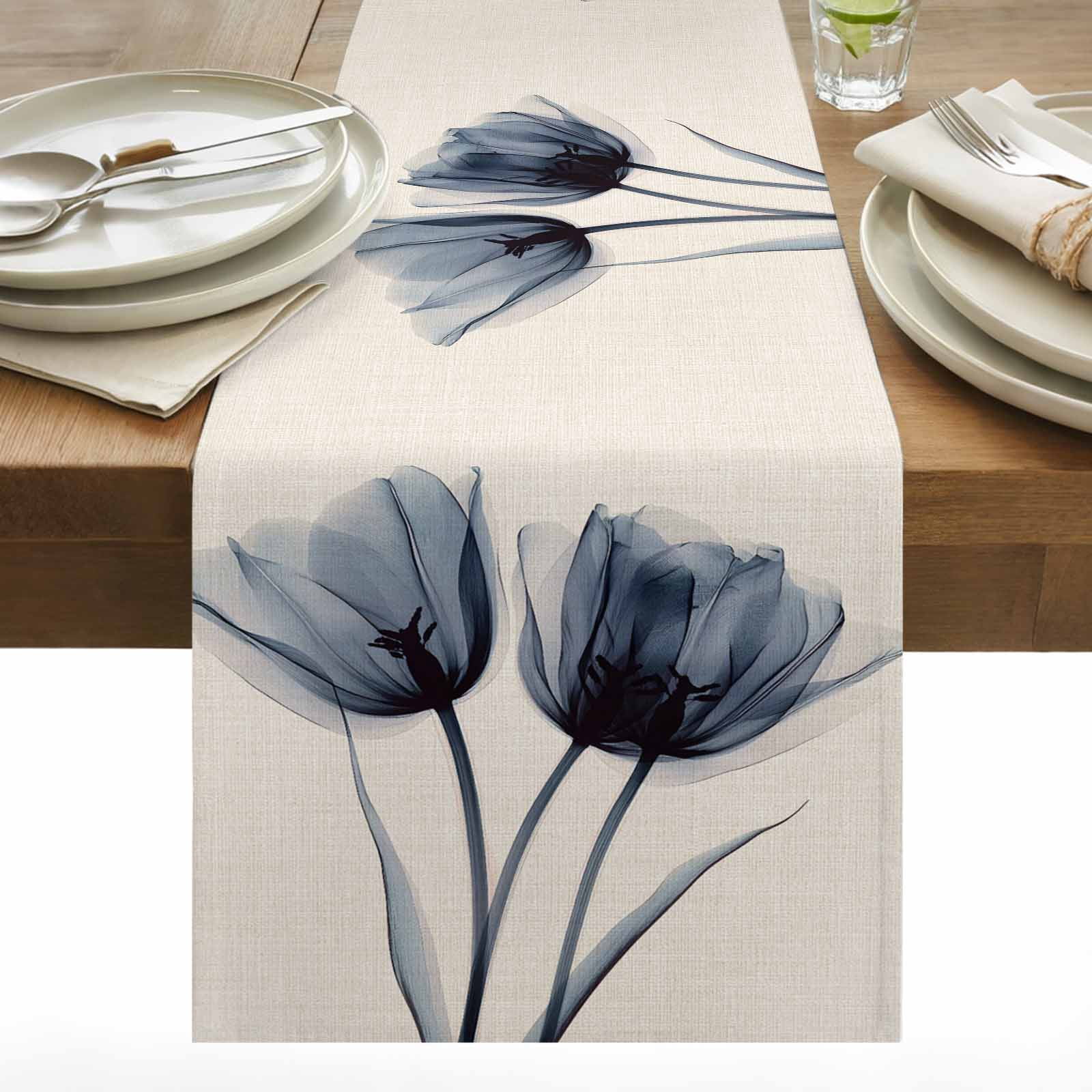 Spring Retro Cotton Linen Table Runner X-ray Image of Black Tulip ...
