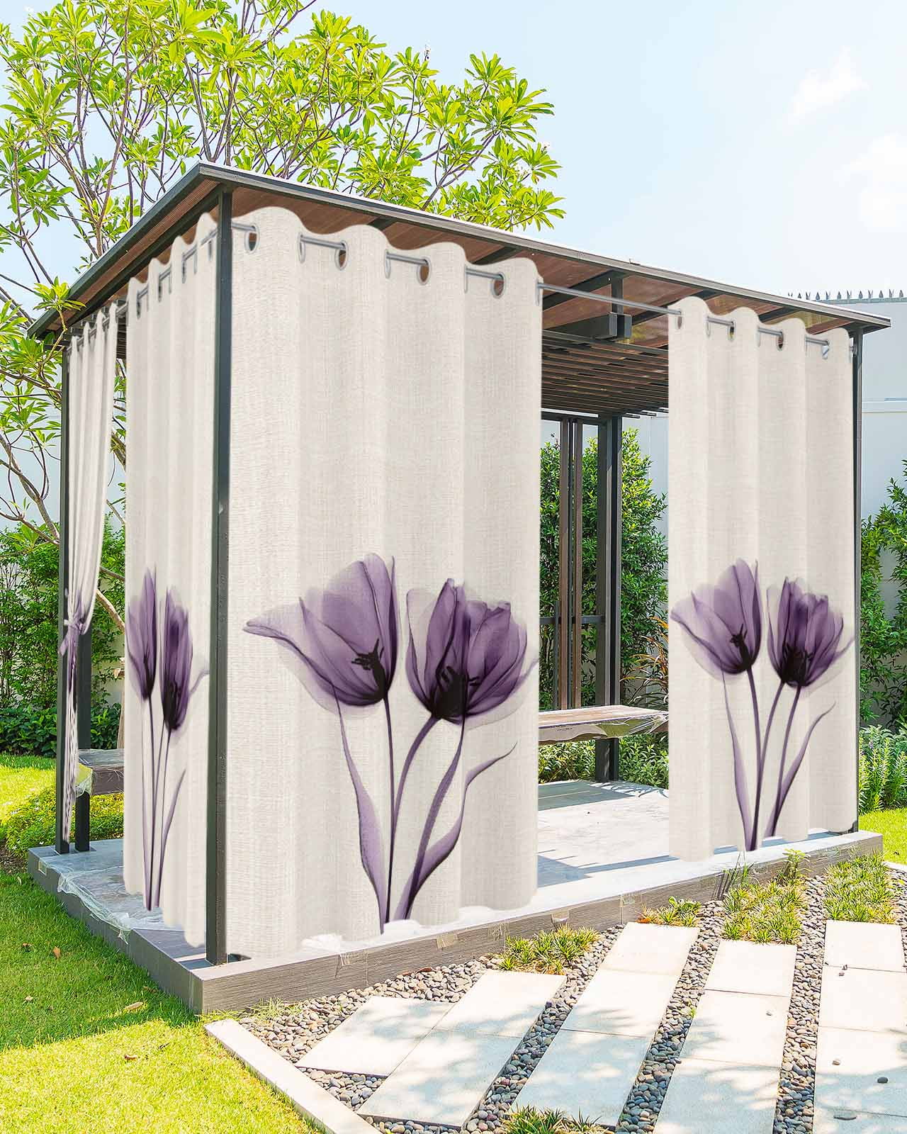 Spring Retro Outdoor Curtains for Patio, X-ray Image of Purple Tulip ...