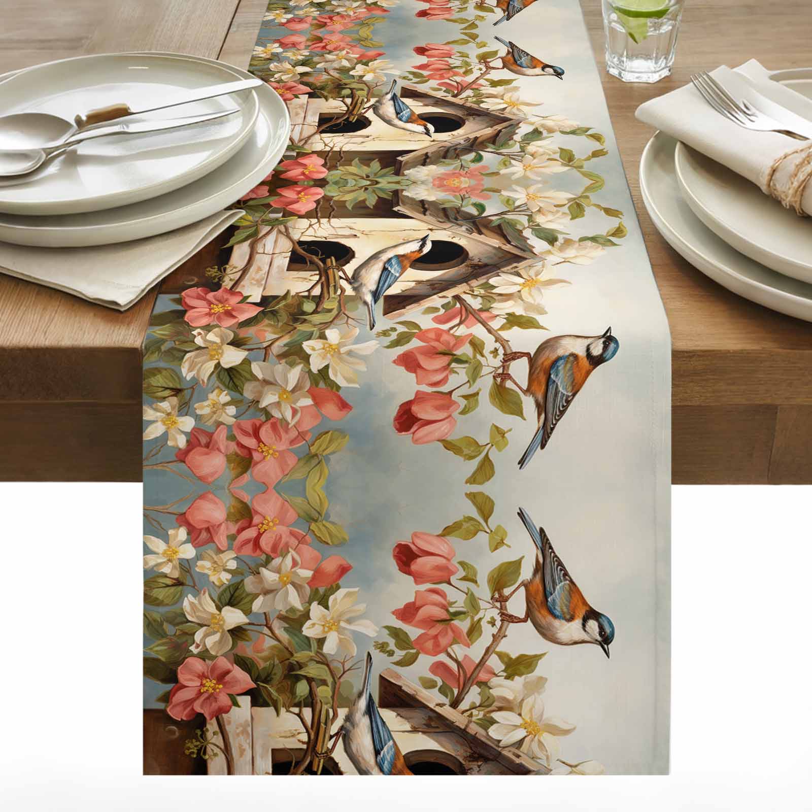 Spring Retro Table Runner 13x48 inch Birdhouse Birds Flowers Cotton ...