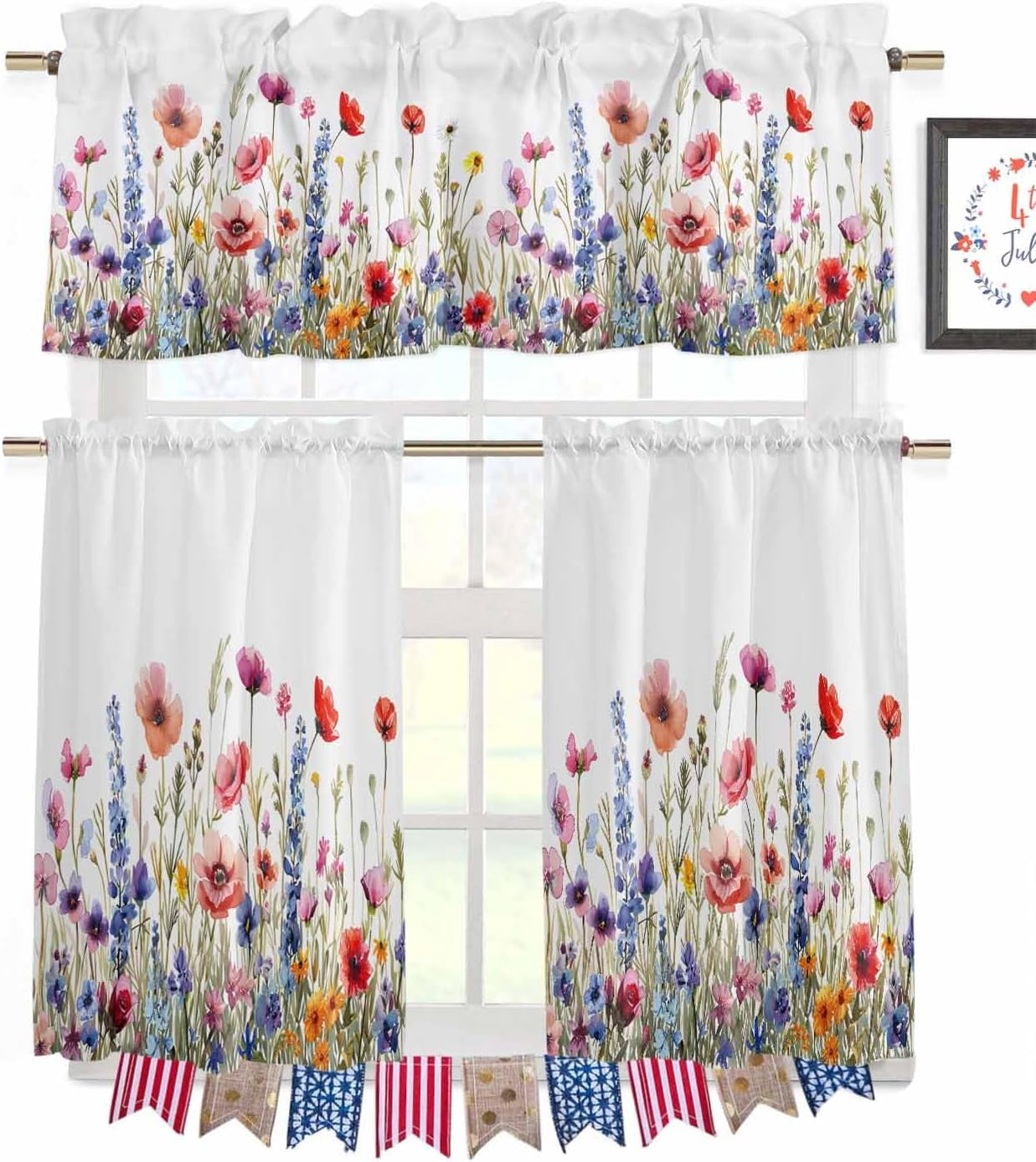 Spring Rod Pocket Kitchen Curtain Valance and Tiers Set,Floral ...