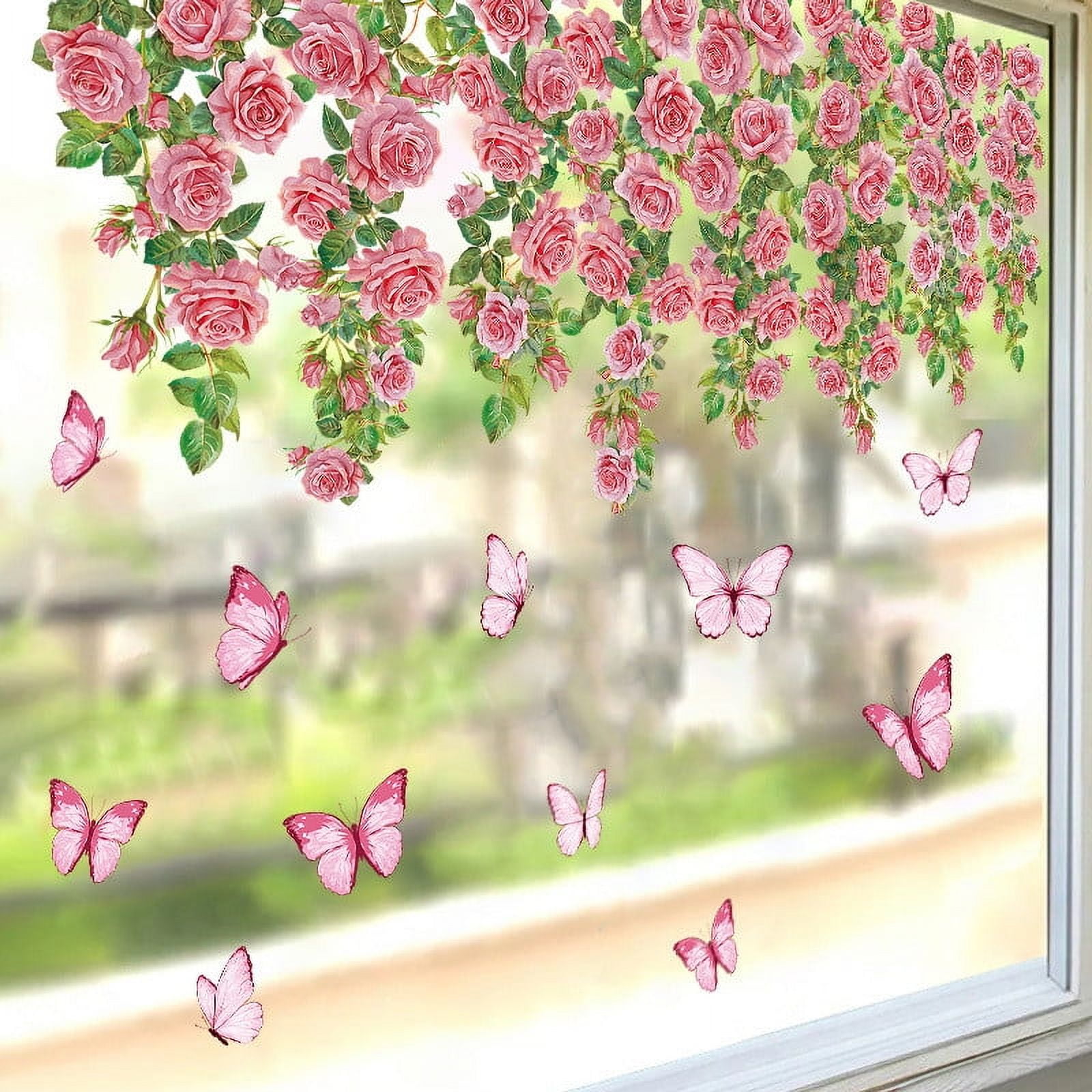 Spring Romantic Rose Garden Wall Decals,Hanging Vine Pink Flower Wall ...