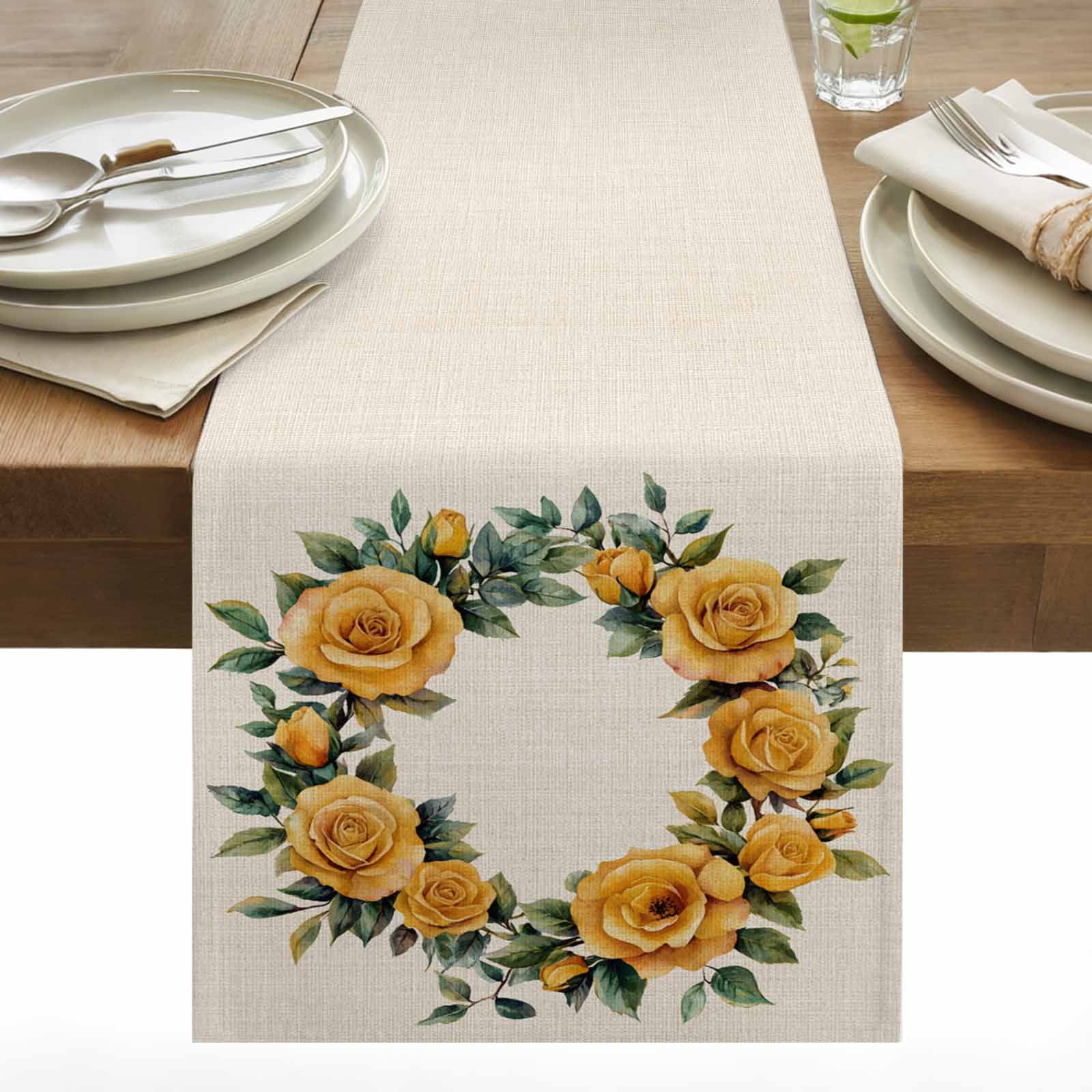 Spring Rose Cotton Linen Table Runner Yellow Flowers Leaf Dining Table ...