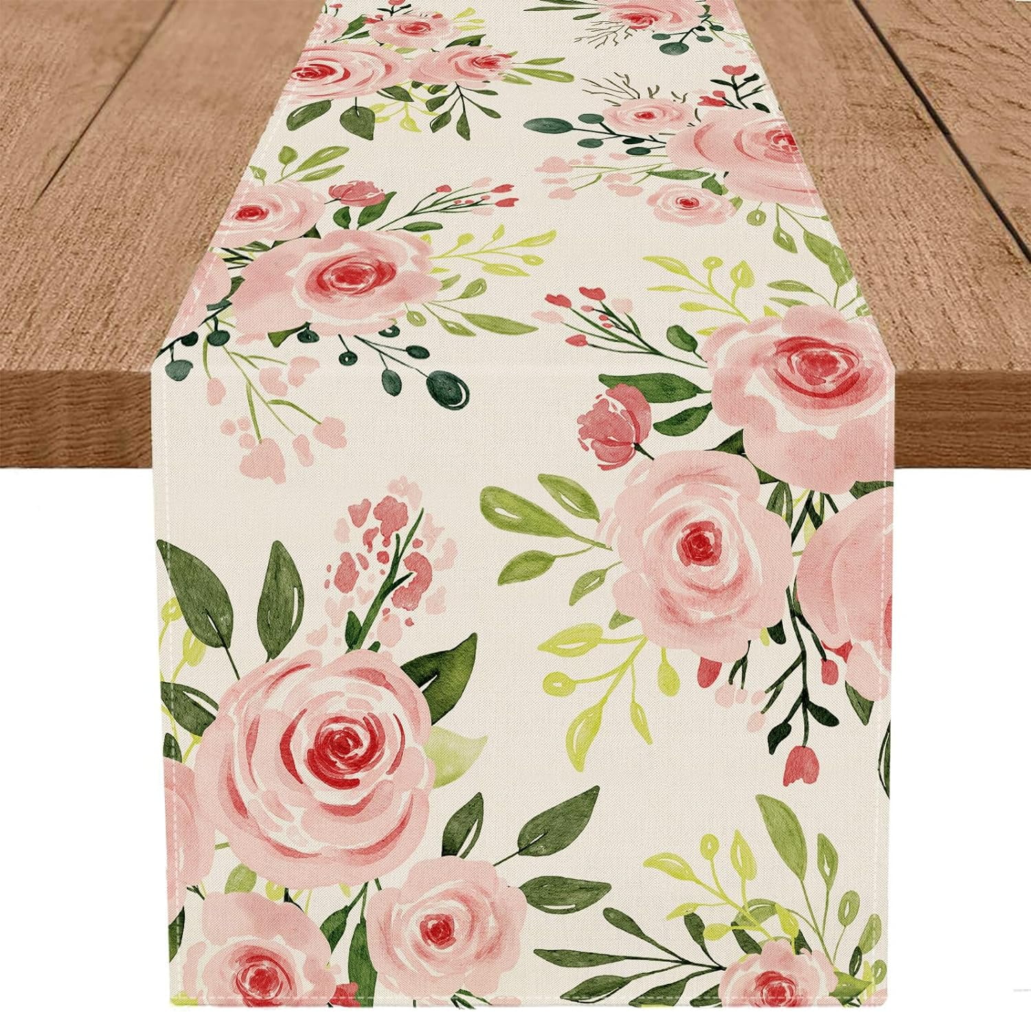 Spring Rose Flowers Linen Table Runner Dresser Scarves Table Runners ...