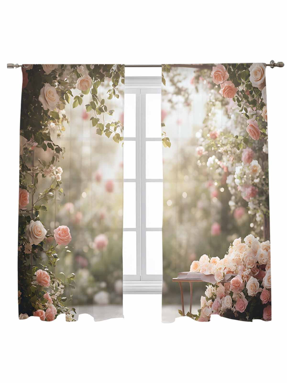 Spring Rose Sheer Curtains 2 Panels Set Pastoral Romantic Plant Lihgt ...