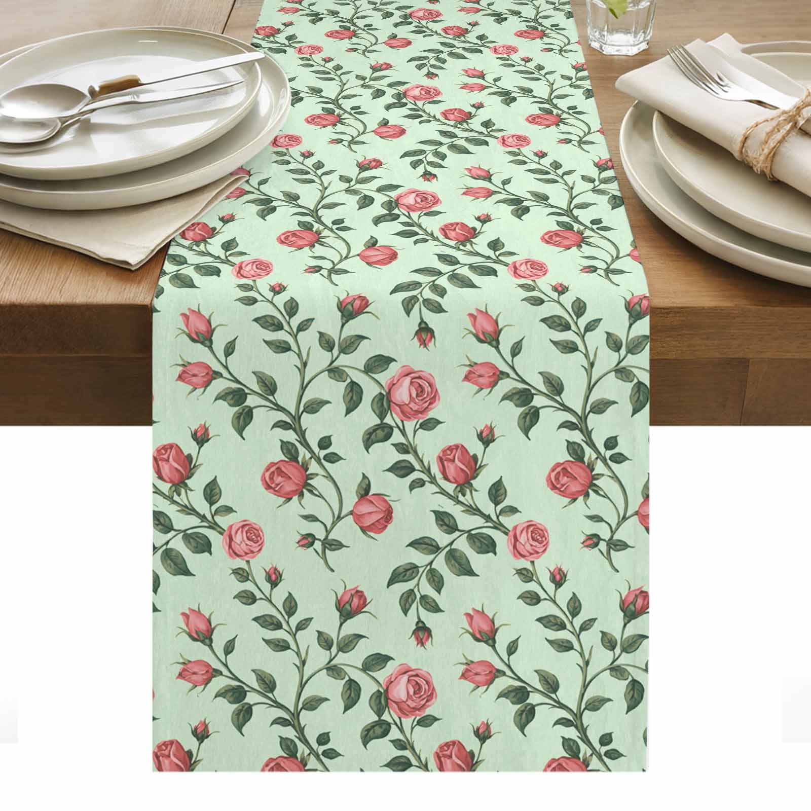Spring Roses Botanical Table Runner - 108 Inch Long, Kitchen Dining ...