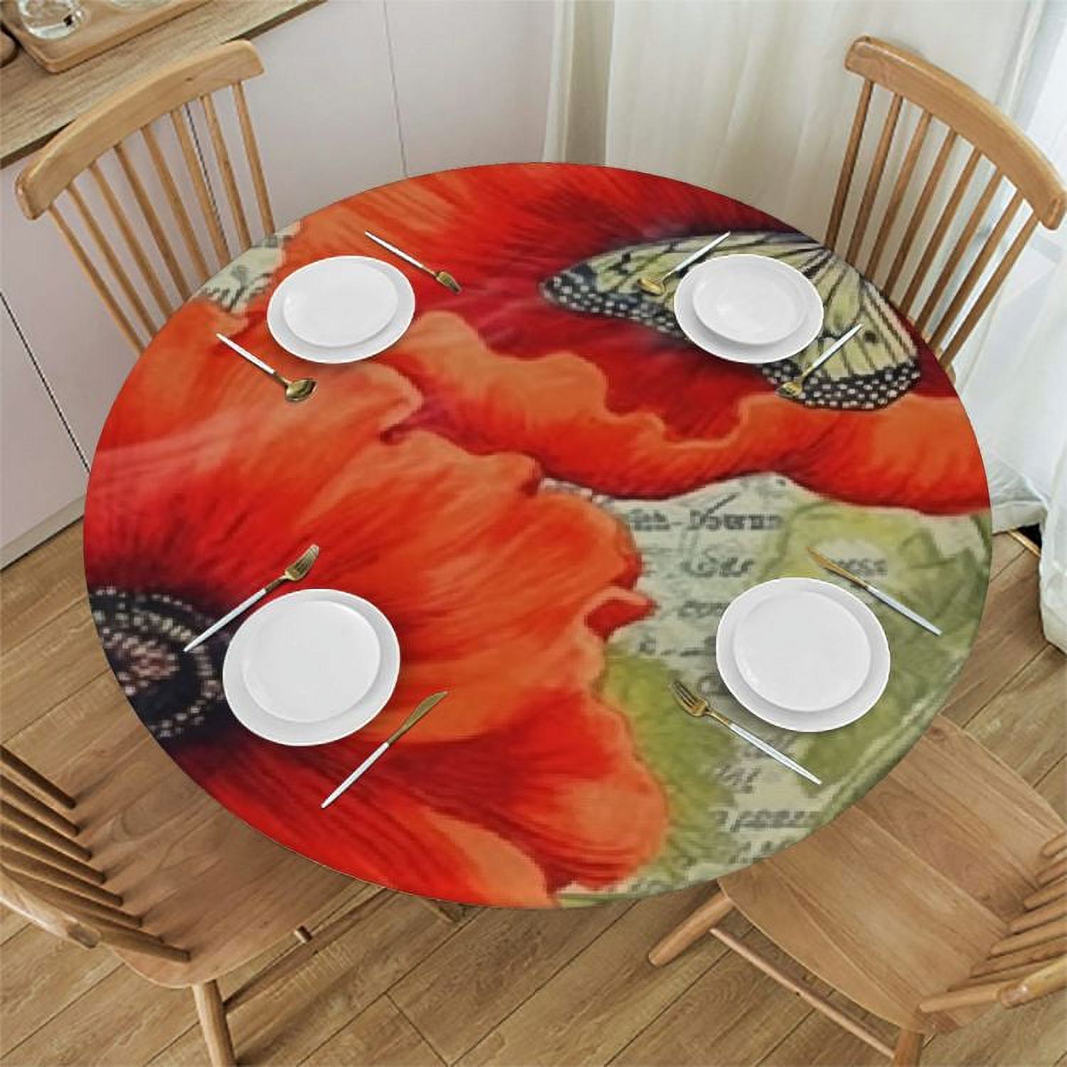 Spring Round Fitted Table Cover, Red Poppy Flowers Waterproof Elastic ...