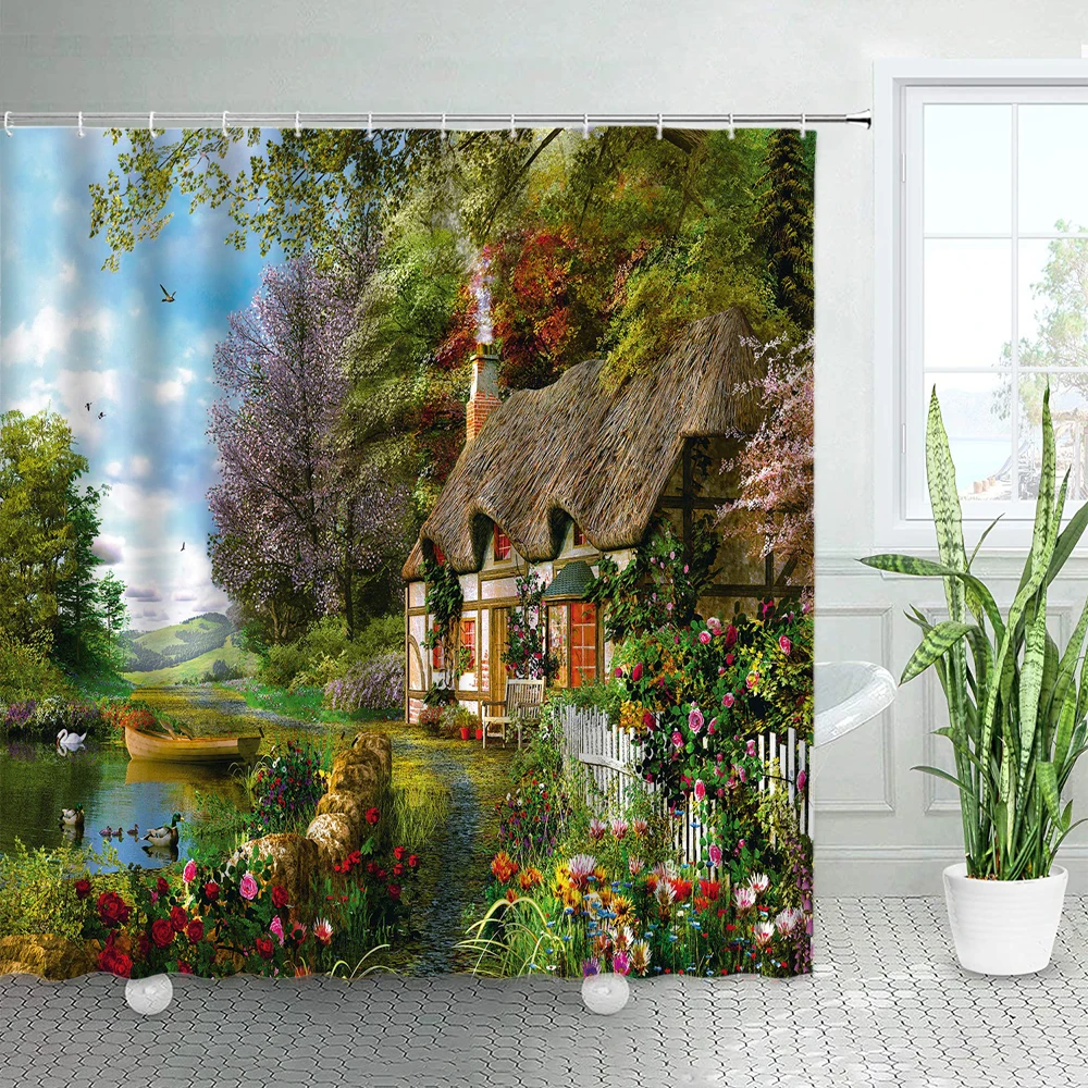 Spring Rural Landscape Shower Curtains Set Pink Flowers Tree Forest ...