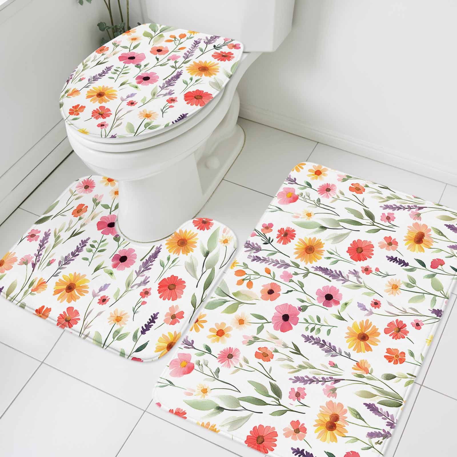 Spring Rustic Bathroom Rugs Set Colorful Daisy Flower Sage Green Leaves ...