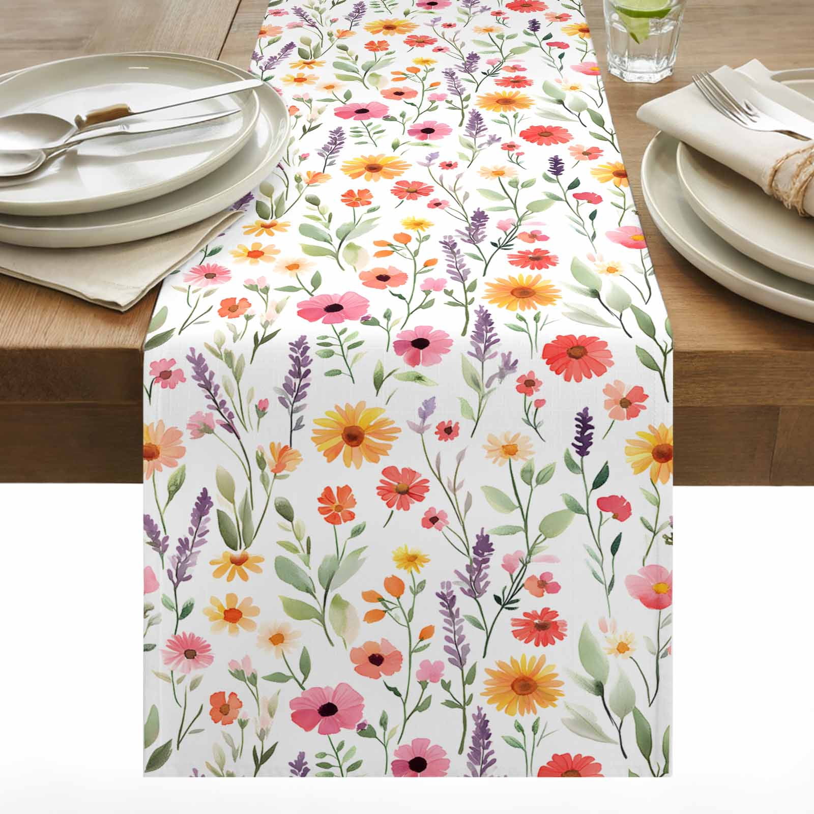 Spring Rustic Cotton Linen Table Runner Colorful Daisy Flower Sage ...