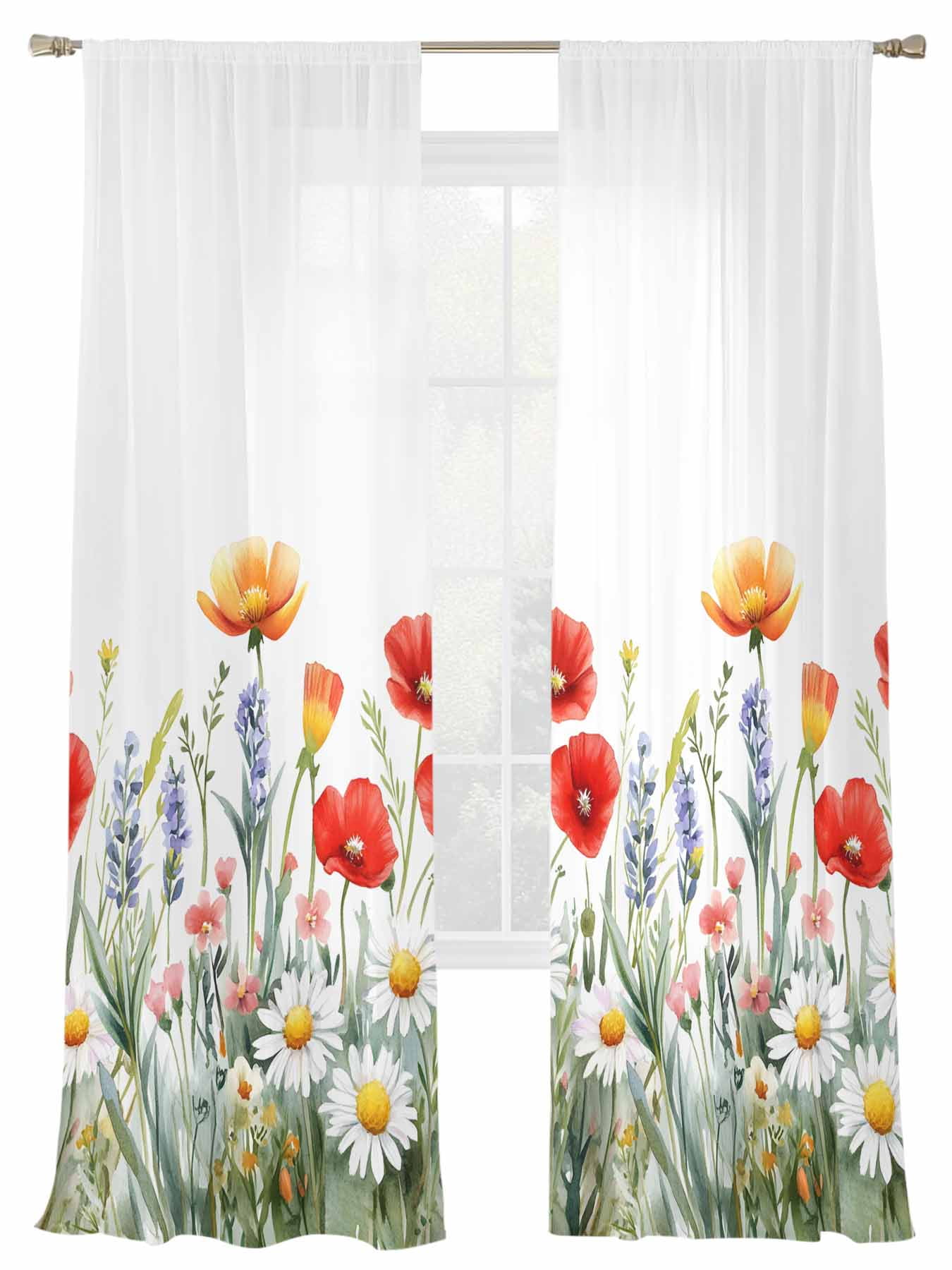 Spring Rustic Sheer Curtains 2 Panels Set Red Flower Blossom Plant ...