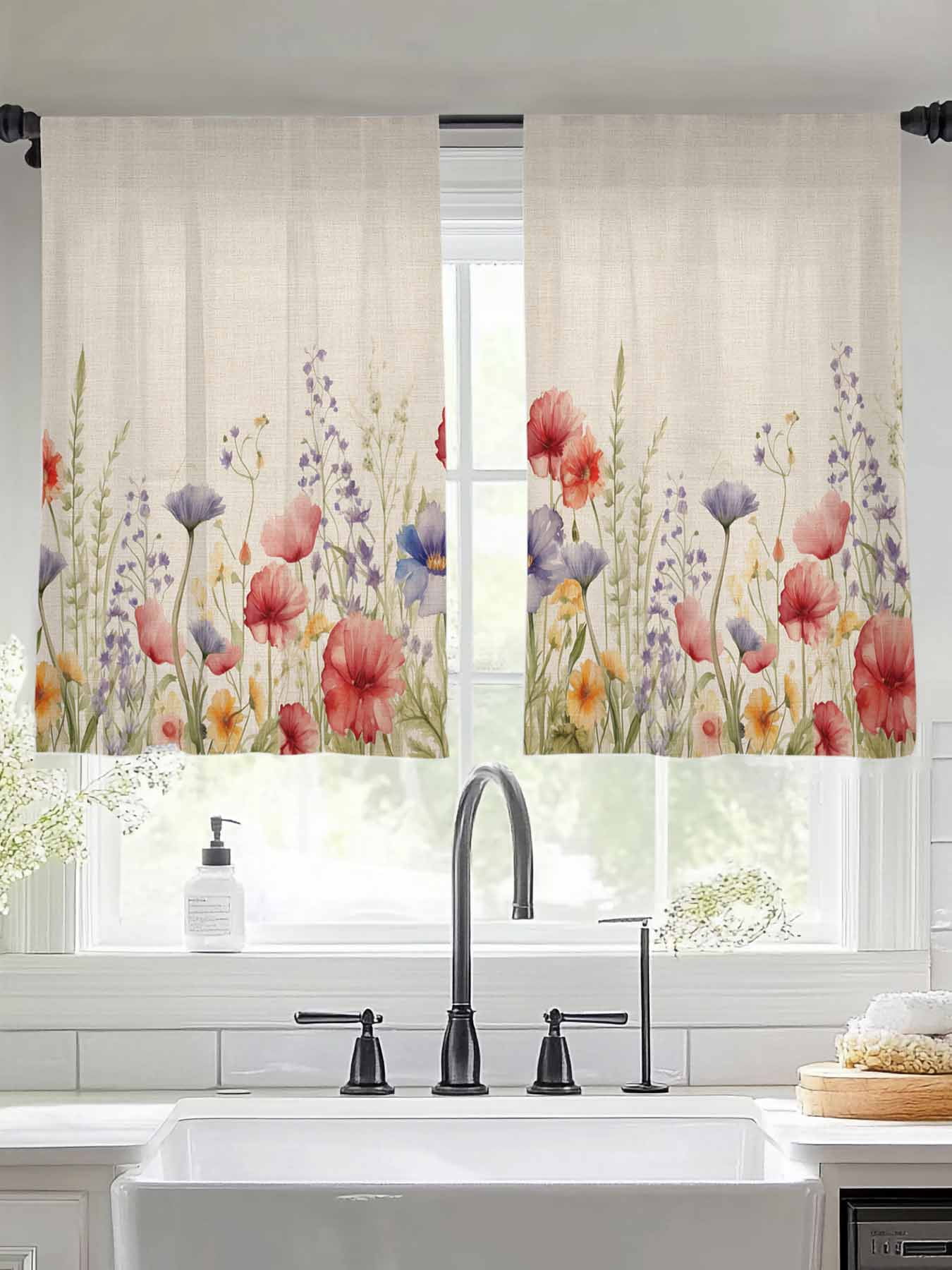 Spring Rustic Sheer Curtains 45 inches Long 2 Panels Set Flowers Daisy ...