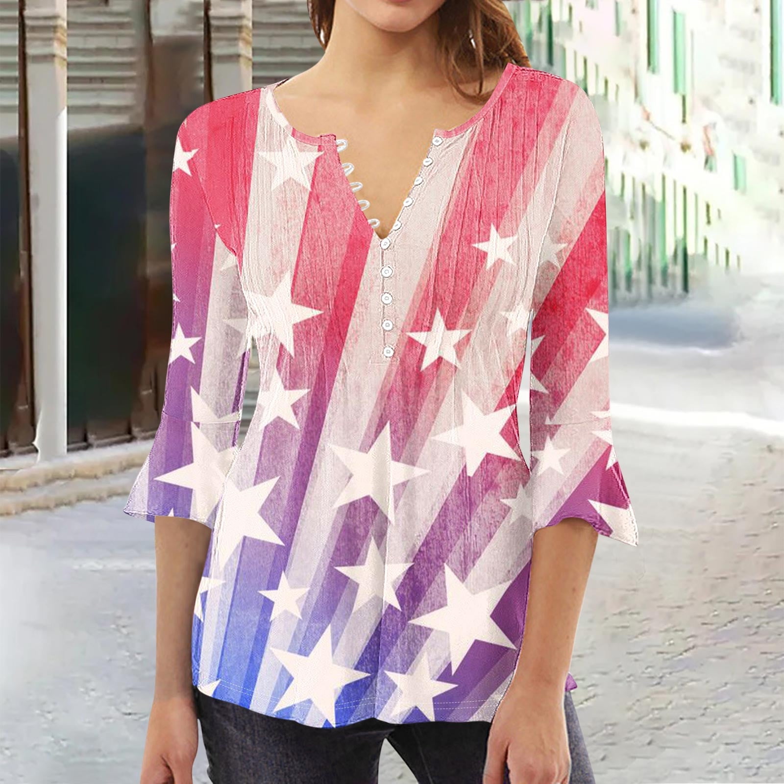 Spring Savings Ganfancp Independence Day Women Tops 3 4 Sleeve V Neck