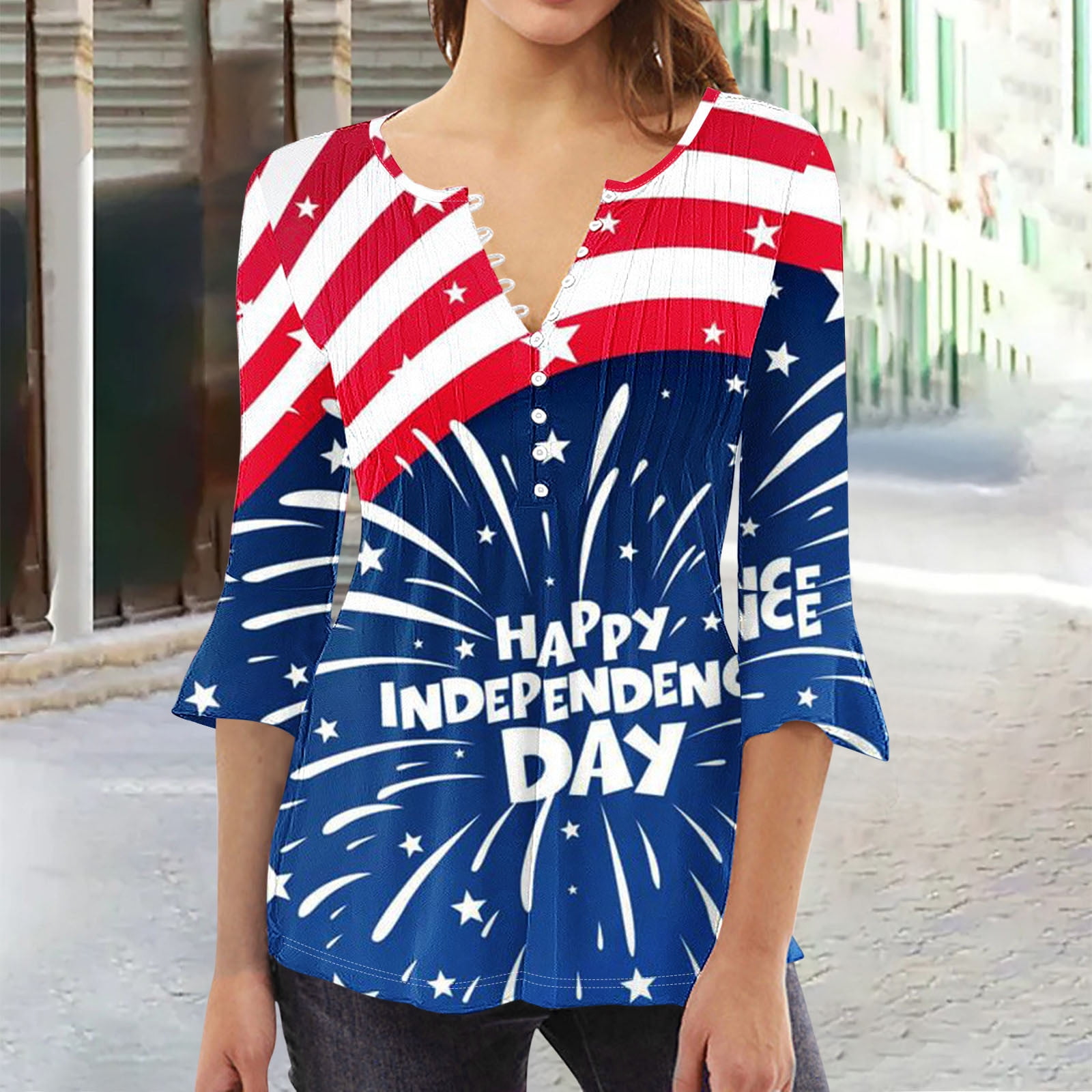 Spring Savings Ganfancp Independence Day Women Tops 3 4 Sleeve V Neck T